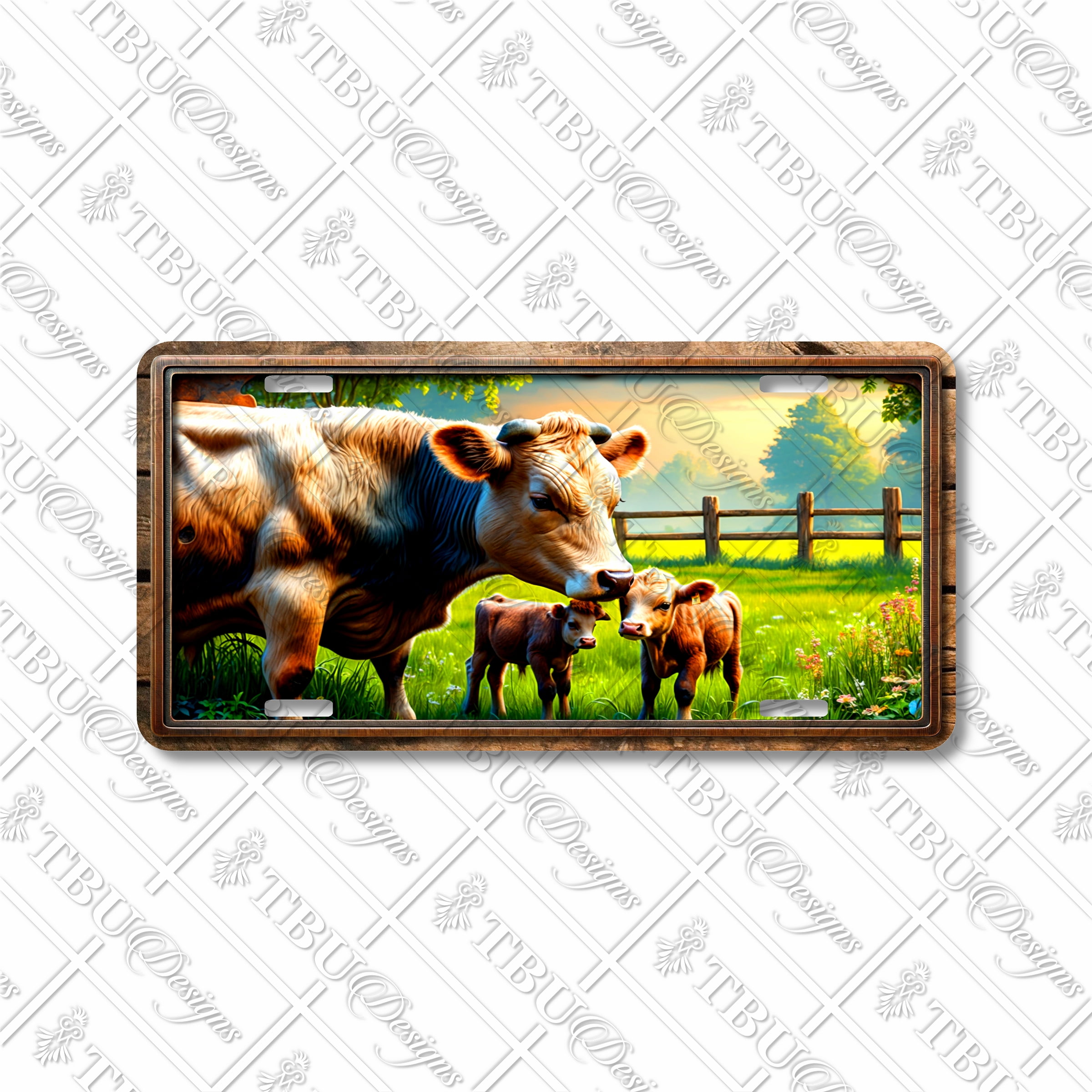 Charming Cow and Calves in Sunny Pasture Sublimation Aluminum License ...
