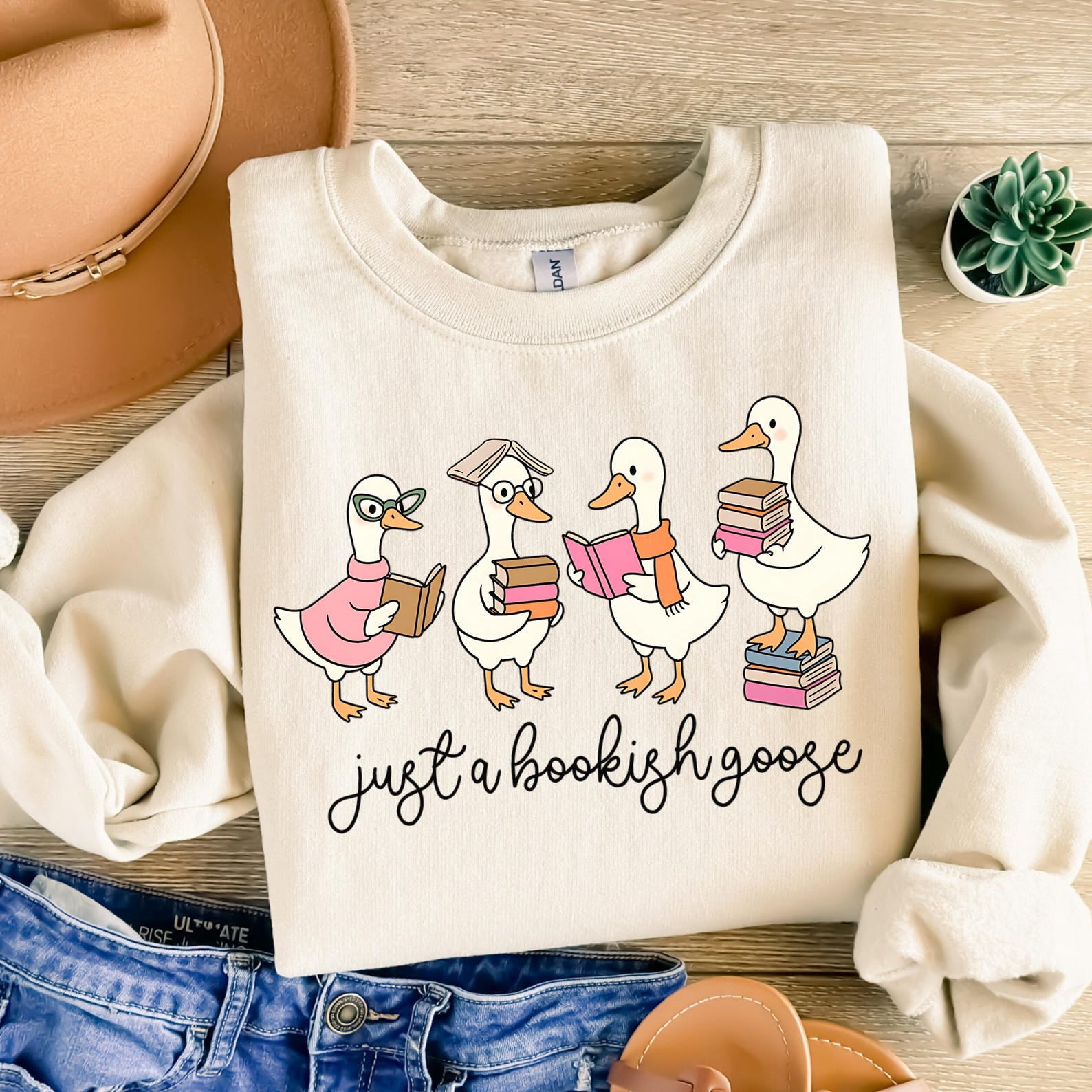 Charming Cream Bookish Geese Sweatshirt with Cartoon Reading Birds for ...