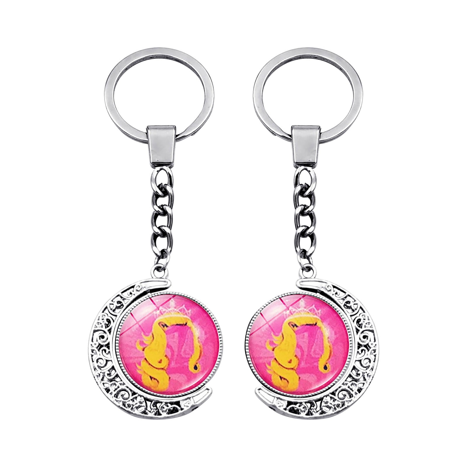 Charming Crescent Moon Keychain Set Zodiac Inspired Pink Glass Dome ...