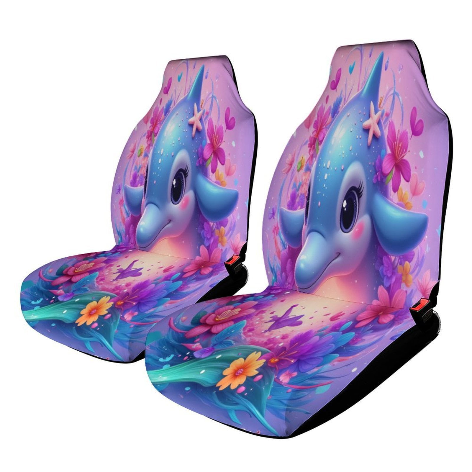 Charming Dolphin in Floral Wreath Set of 2Pcs Car Seat Covers Easy ...