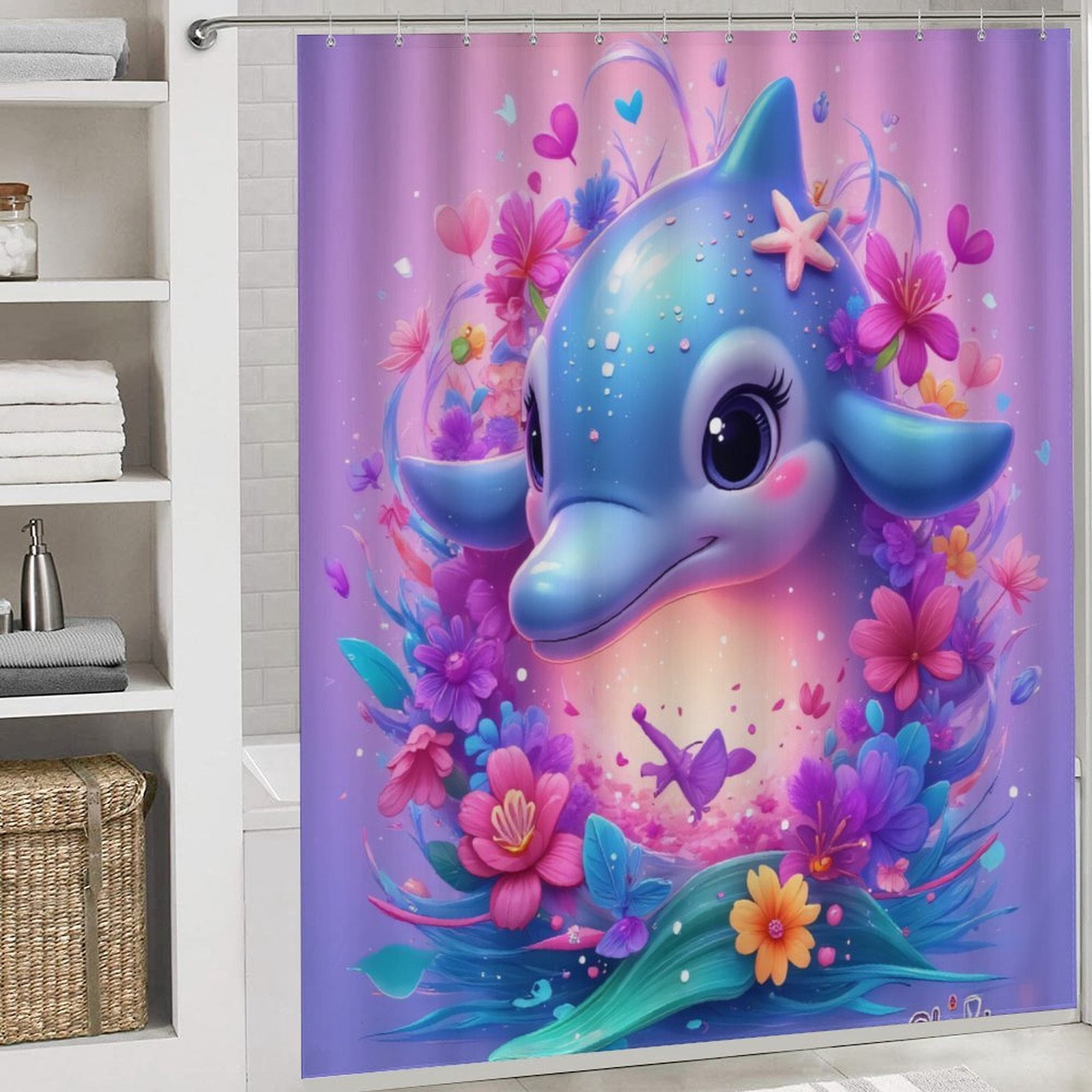 Charming Dolphin in Floral Wreath Shower Curtain Bathroom Curtains ...