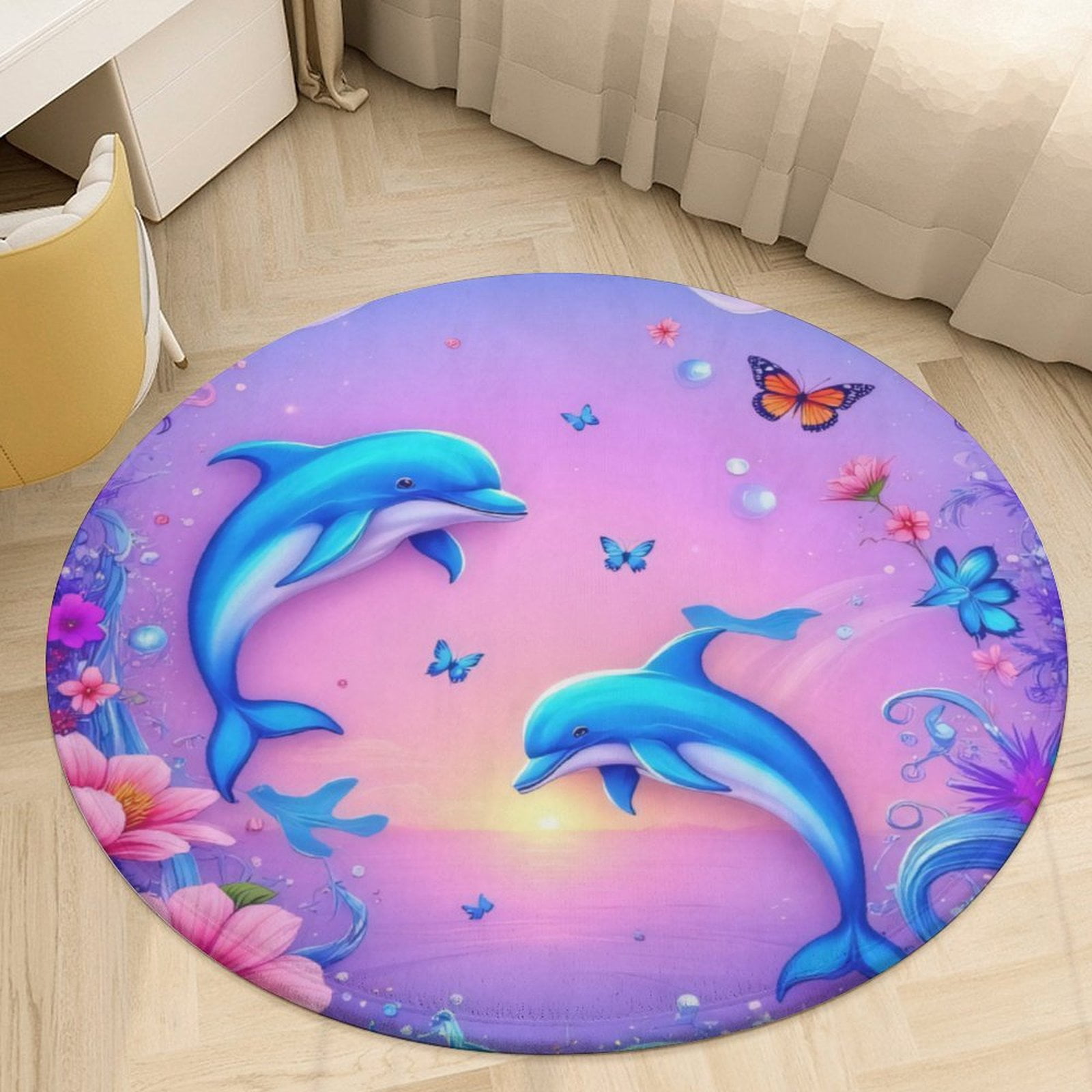 Charming Dolphins in Floral Fantasy Round Area Rugs for Bedroom Living ...