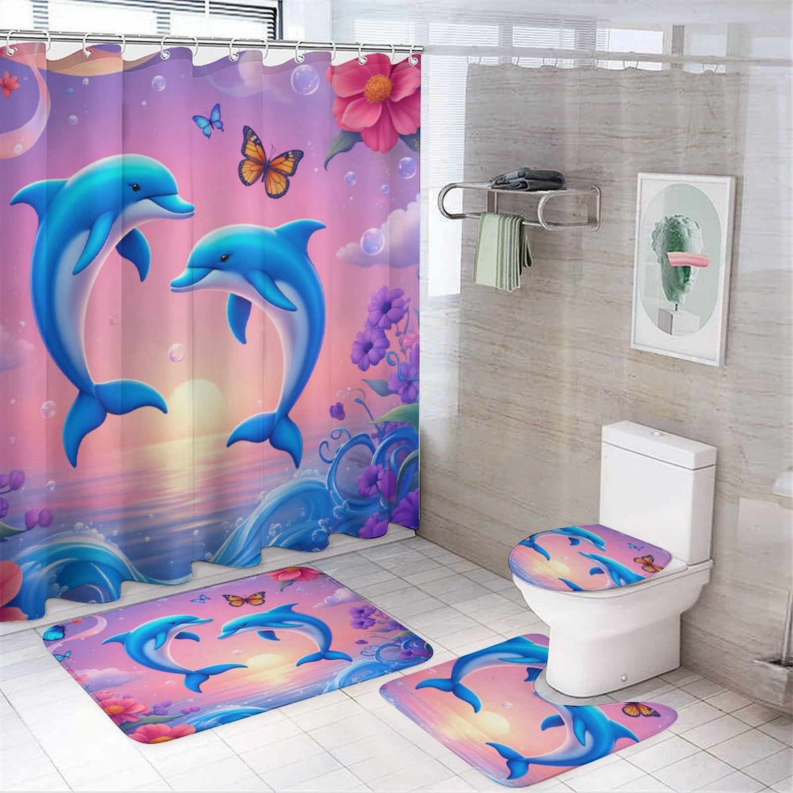 Charming Dolphins in Floral Fantasy Shower Curtain Bathroom Sets Toilet ...