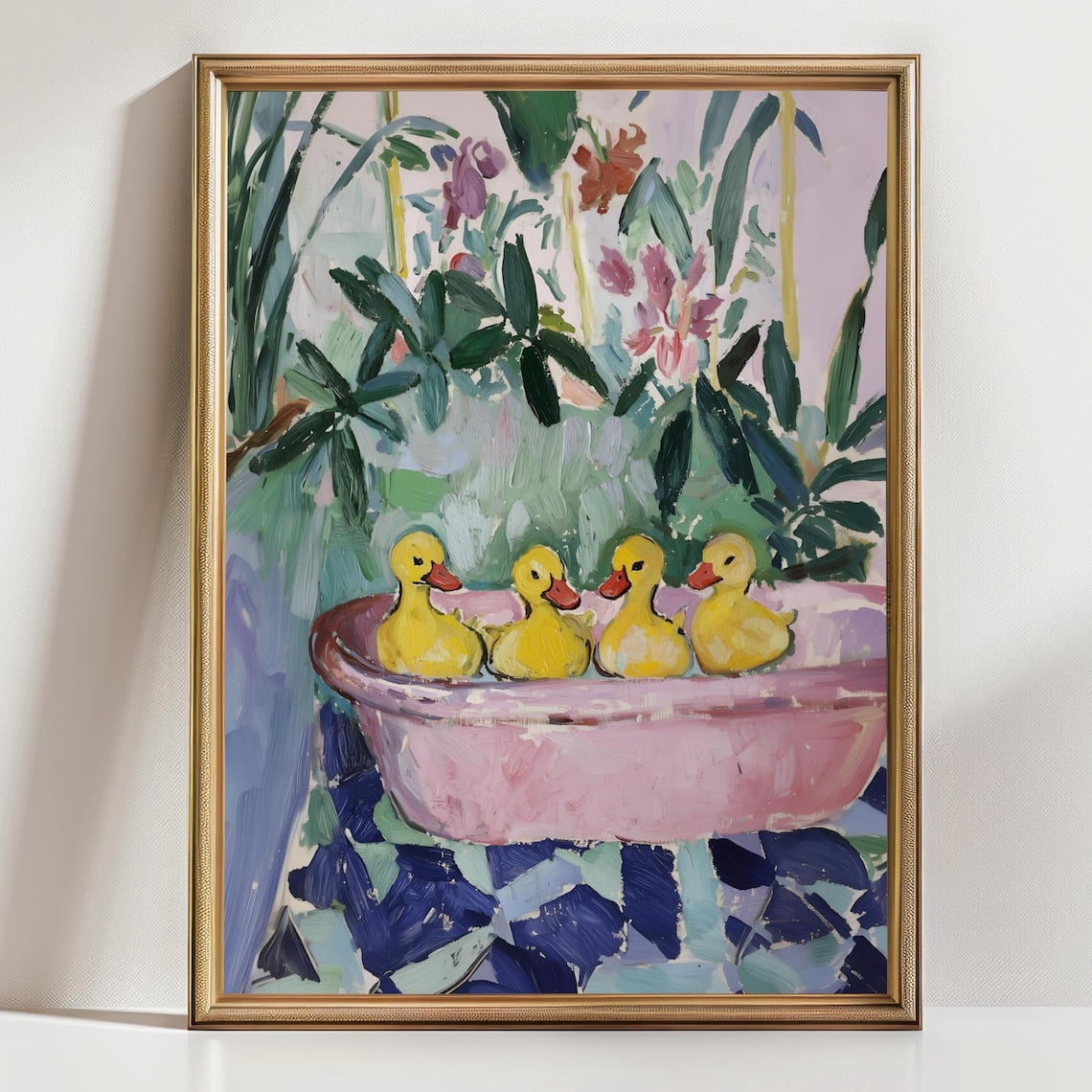 Charming Duck Art Playful Ducklings in Pink Tub Whimsical Animal Home ...