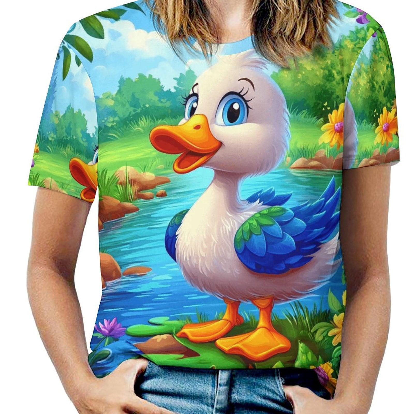 Charming Duck Pond Scene T Shirts Basic T-Shirt Short Sleeve Ladies Tee ...