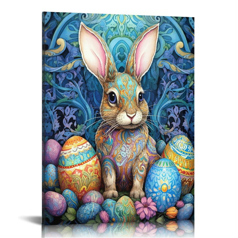 Charming Easter Bunny Eggs Print Canvas Wall Art - Pine Wood Framed ...