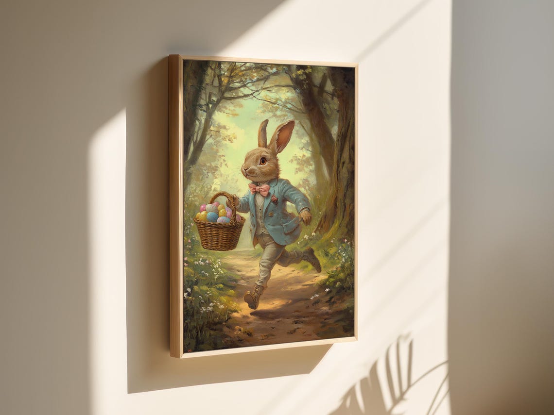 Charming Easter Bunny Running With Basket - Whimsical Spring Wall Art ...