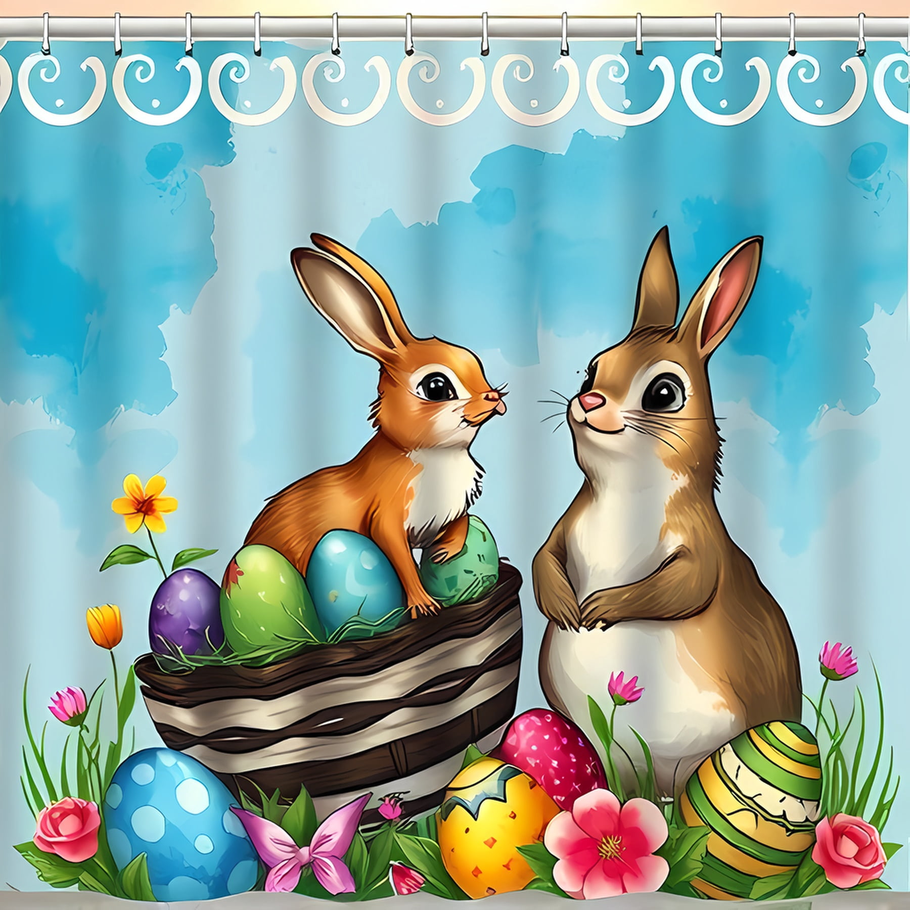 Charming Easter Shower Curtain with Colorful Eggs & Floral Design ...