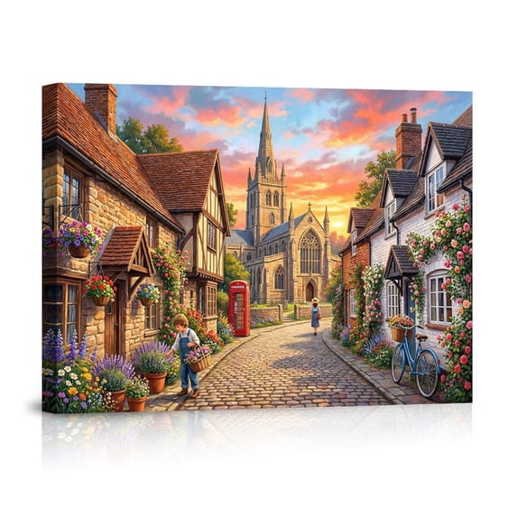 Charming English Village At Sunset With Cobblestone Street Nostalgic ...