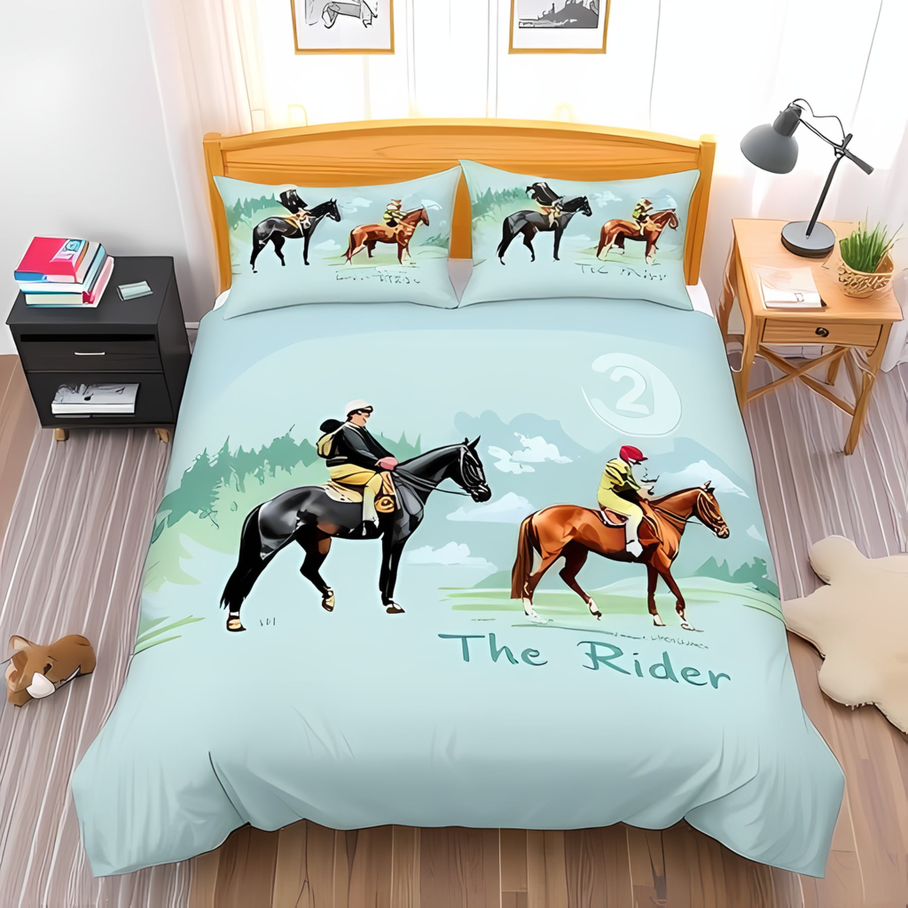 Charming Equestrian 3-Piece Duvet Cover and Pillowcase Set - Light Blue ...