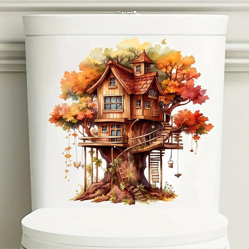 Charming Fall Log Cabin Toilet Cover Sticker Decals,Fish Bird Flower ...