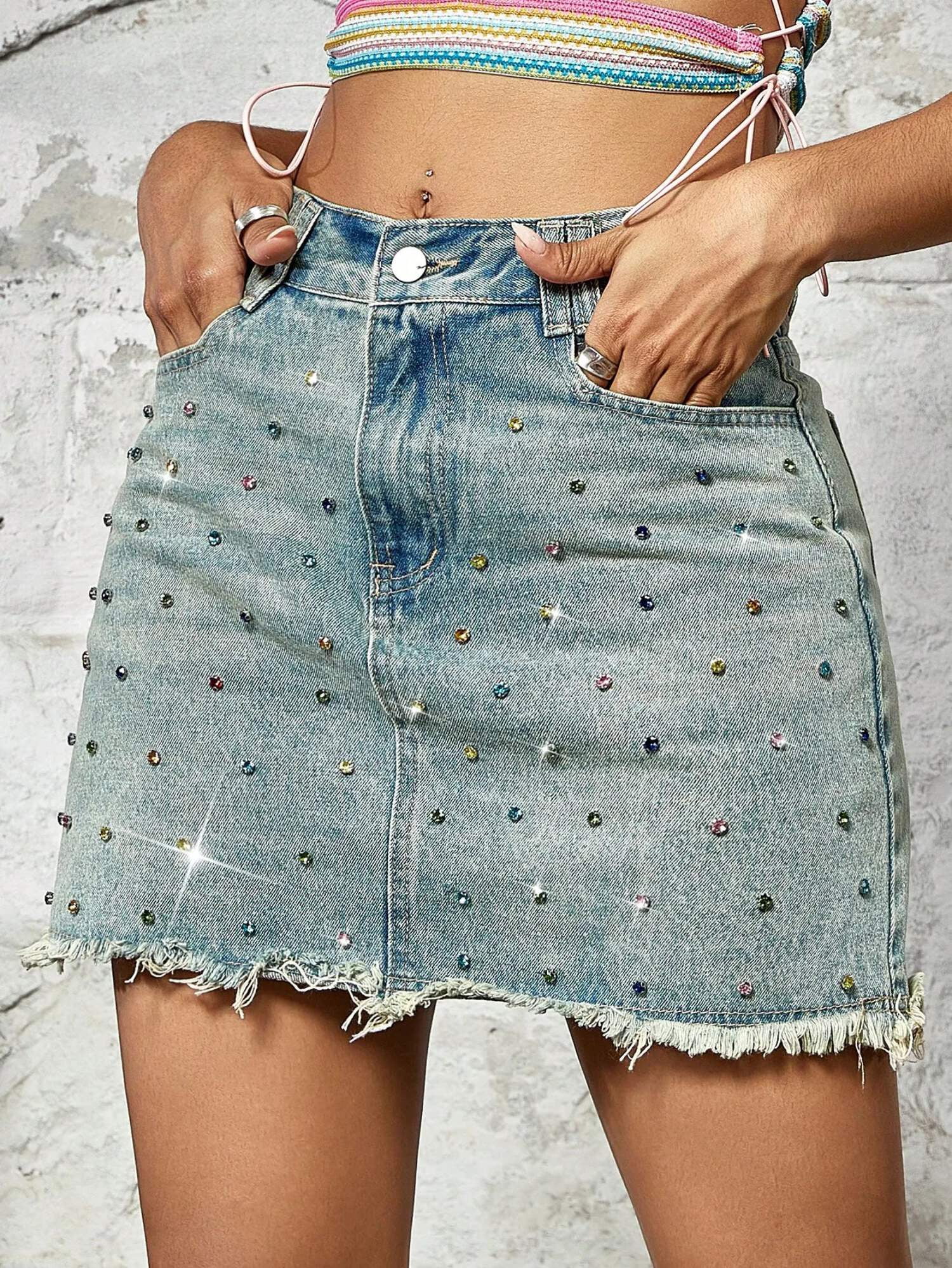 Charming Female Vintage Hotgirl Rave Colorful Rhinestone Detail Raw Hem ...