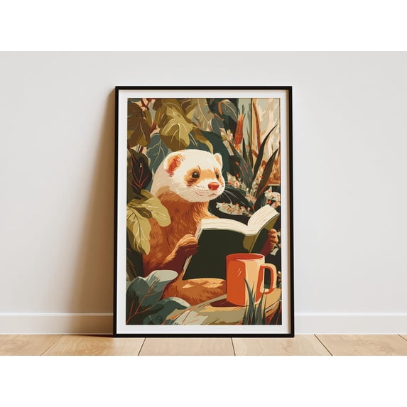 Charming Ferret Reading Book Art Cozy Animal Wall Decor Unique Woodland ...