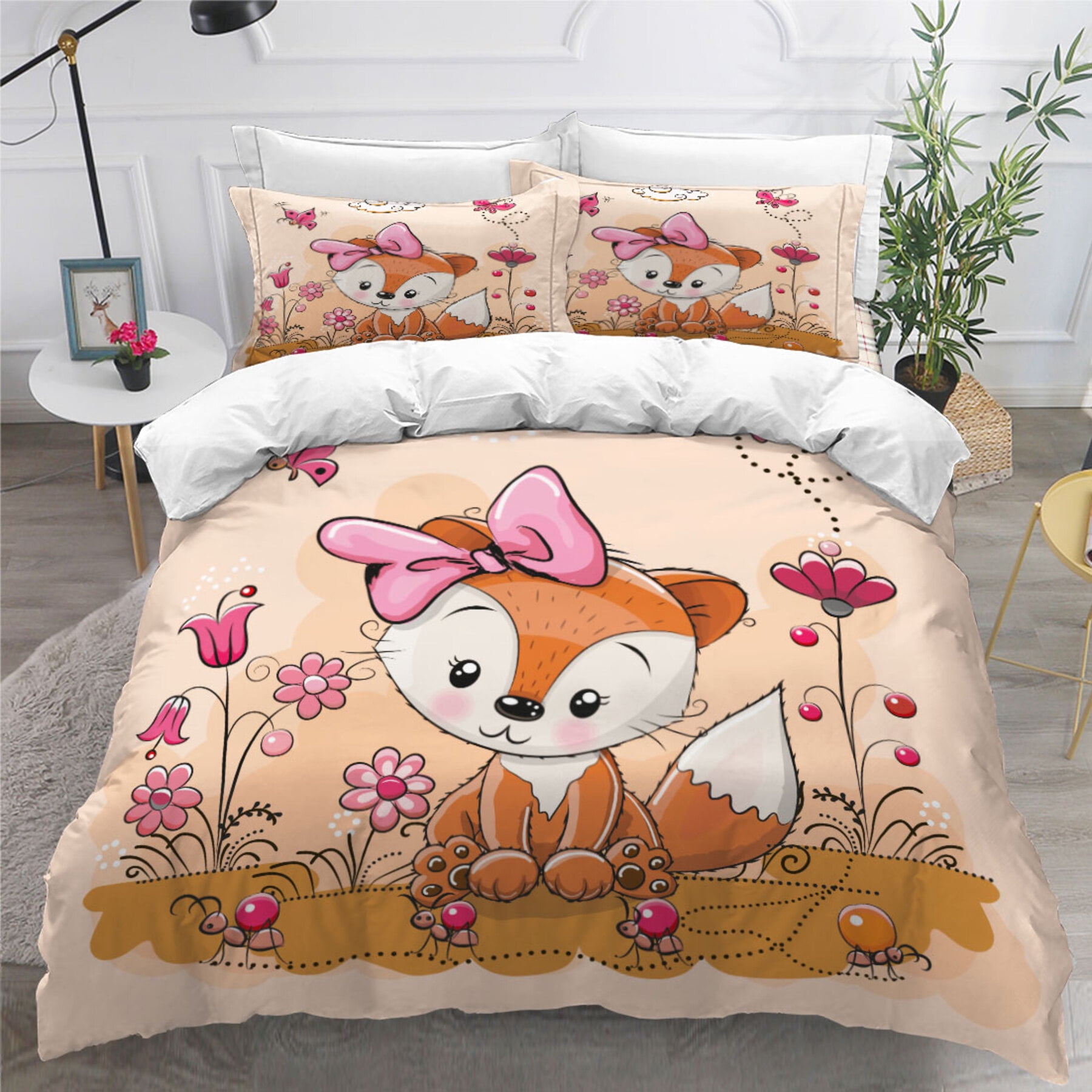 Charming Fox Bedding Set Whimsical Design with Flowers & Ants Peach ...
