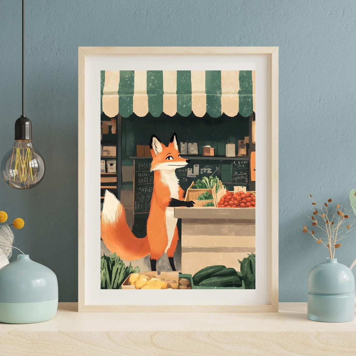 Charming Fox Market Poster, Fox Shoppingcute Animal Market Scene ...