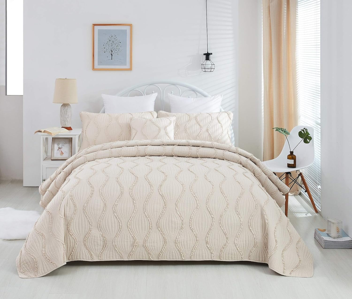 Charming French Country Tufted Cotton Bedspread - Ivory Tan Beige ...