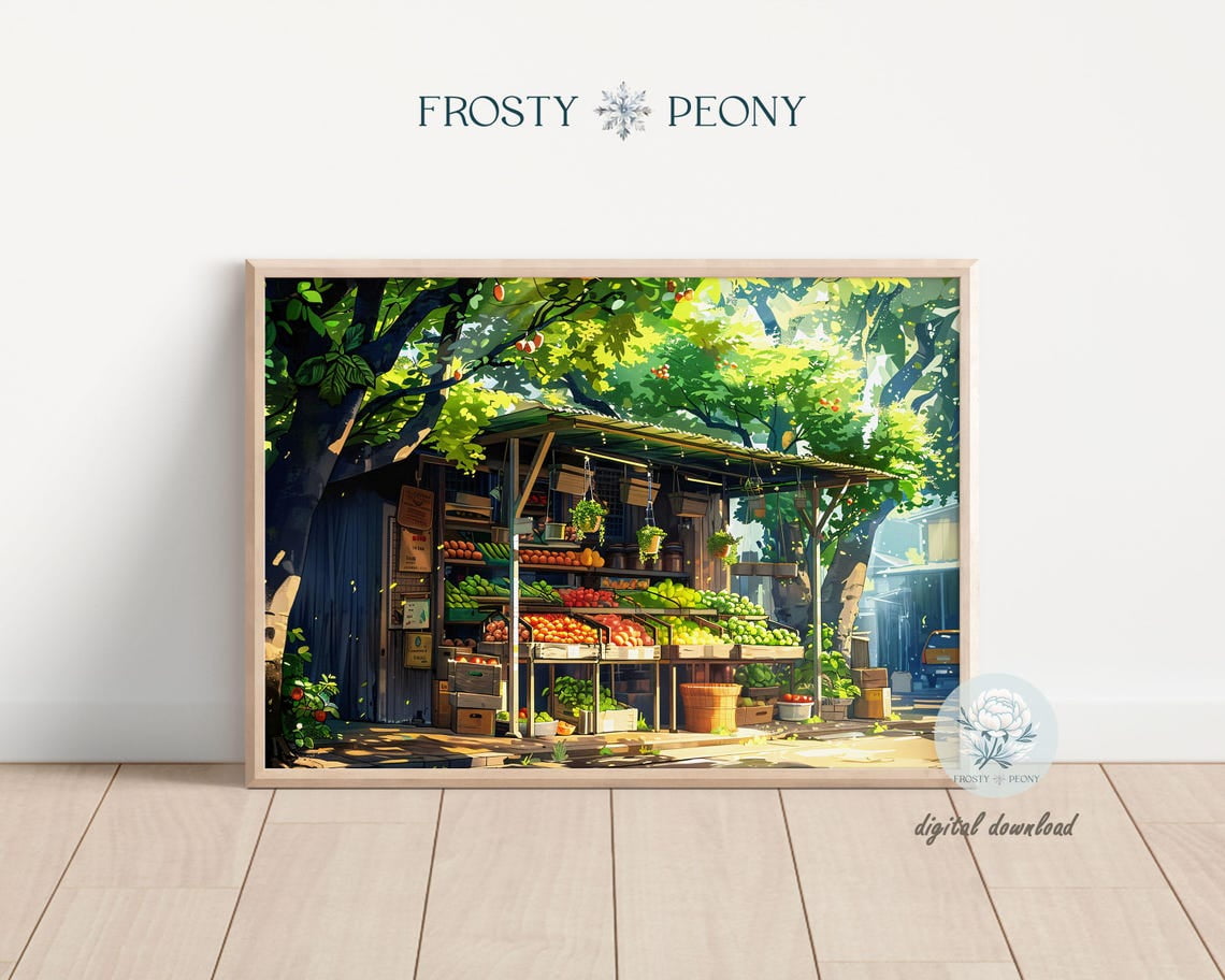 Charming Fruit Stand Art Print, Peaceful Fruit Market Landscape Art ...