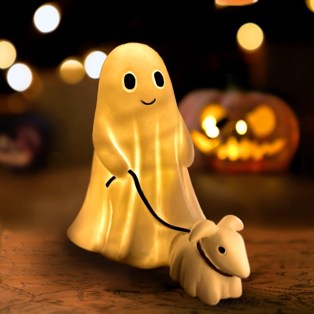 Charming Girl & Ghost Walking Dog Display Statue Nightlight - Warm Glow ...