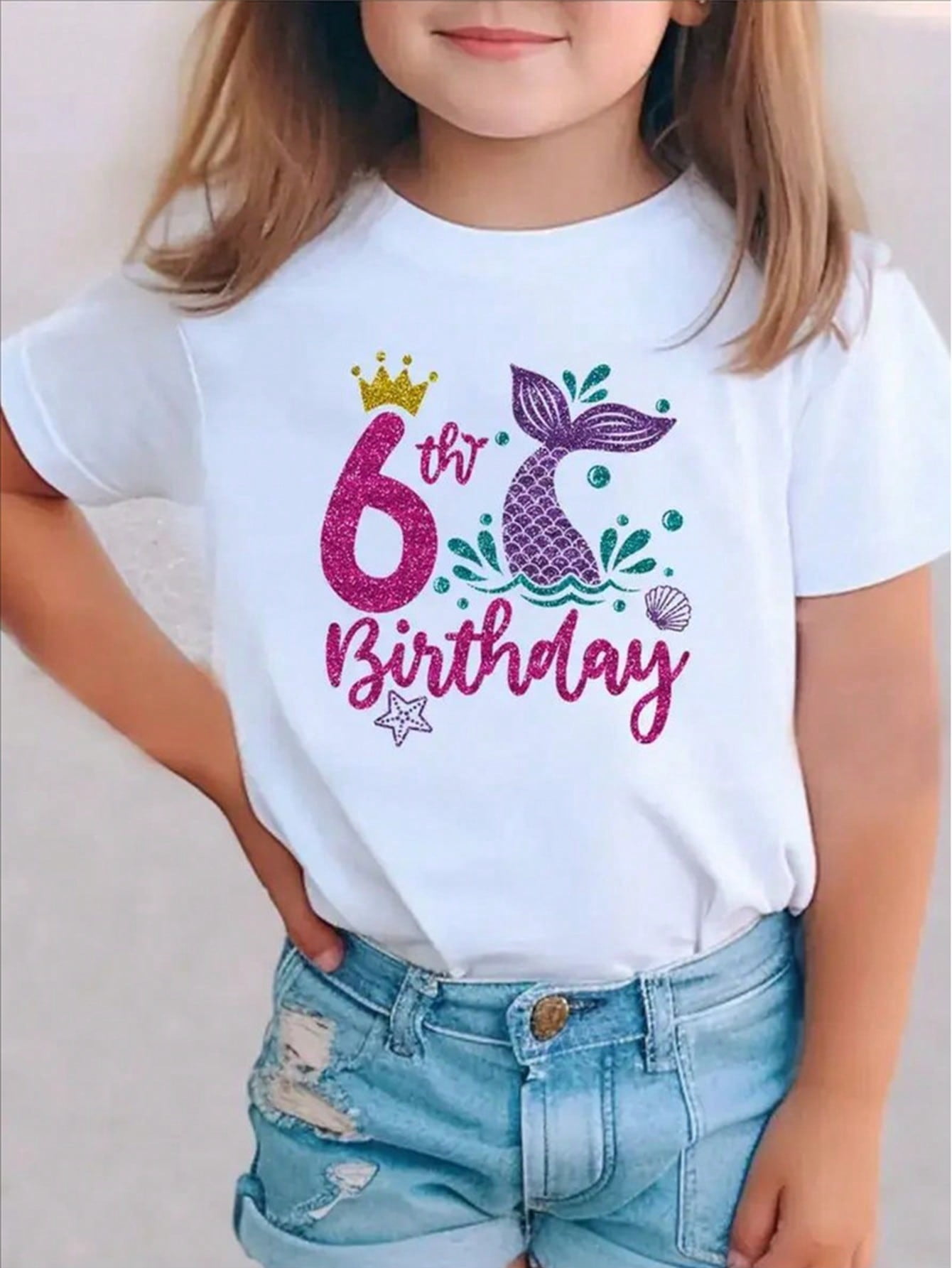 Charming Girls' 6th Birthday Cotton T-Shirt - White With Colorful Crown ...