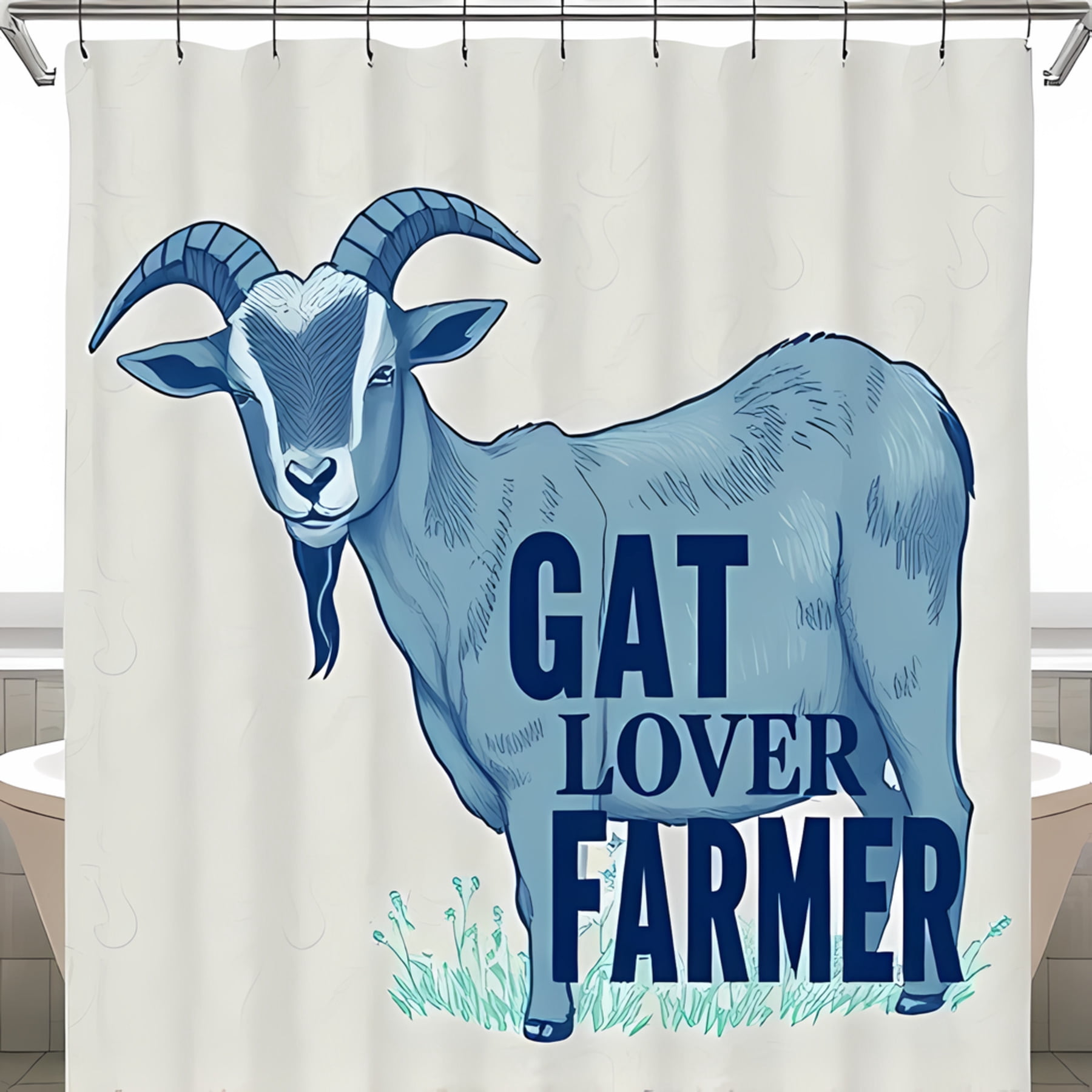 Charming Goat Shower Curtain with Blue Illustration & Grass Design ...