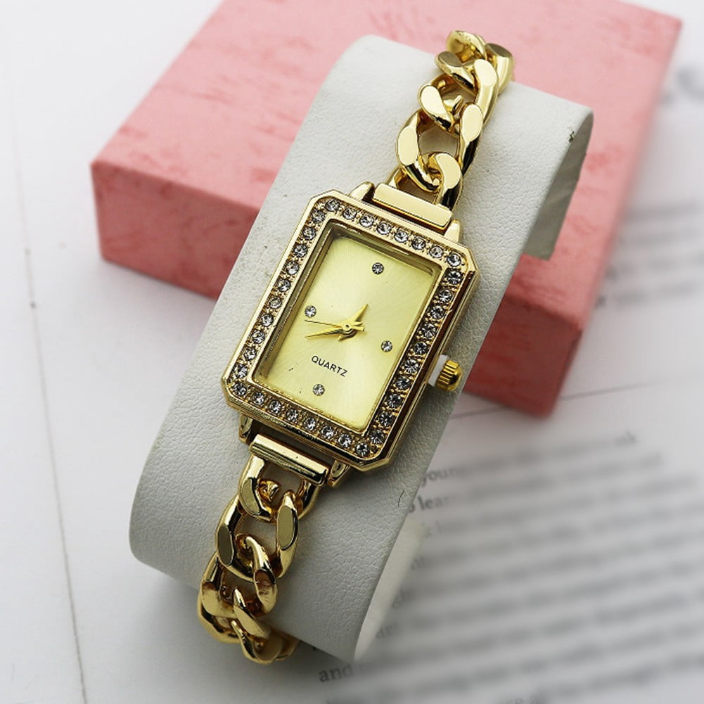 Charming Gold Bracelet Watch for Women with Rectangular Diamond Finish ...