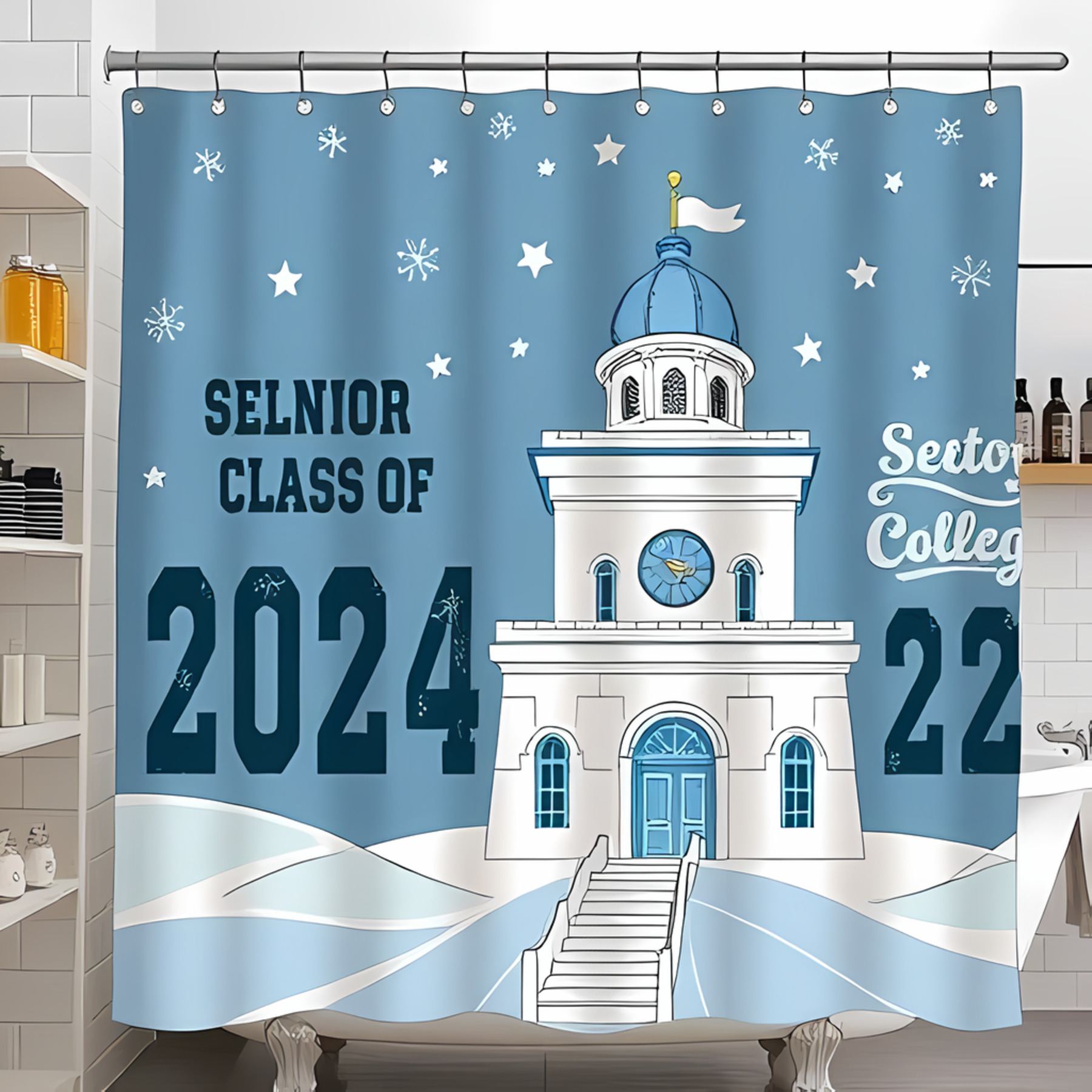 Charming Graduation Shower Curtain with Clock-Towered Building ...