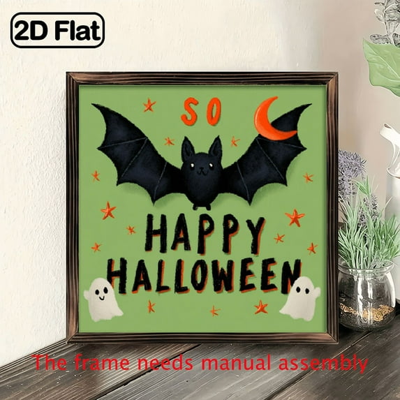 Charming Halloween Bat Ghost Theme Wooden Wall Art with Frame - 8x8 ...