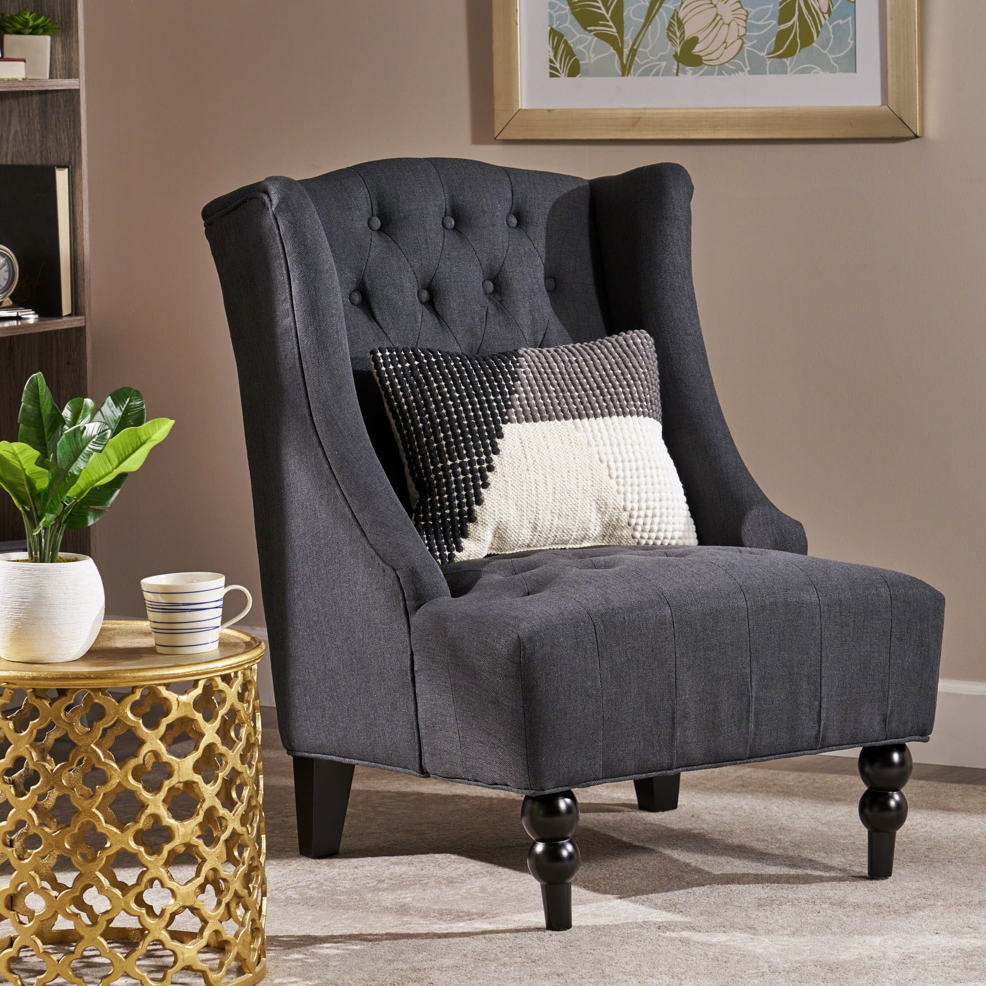 Charming Hi-back Club Chair, Fabric Living Room Armchair, Charcoal ...