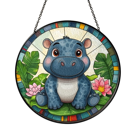 Charming Hippo Glass Suncatcher, Stained Glass Effect Window Art ...
