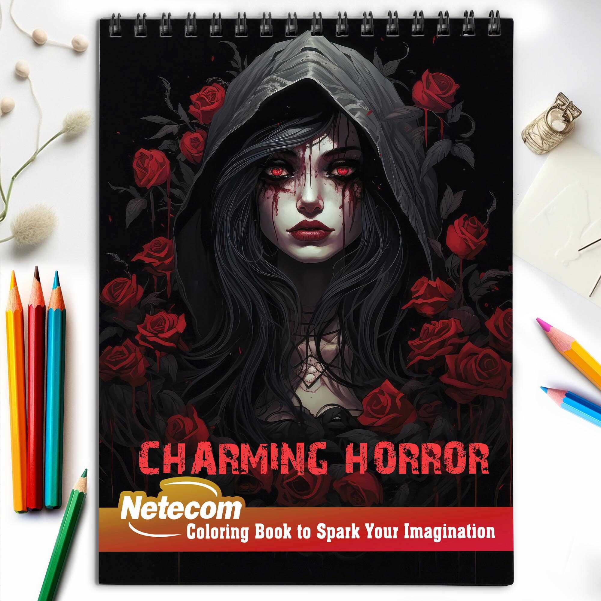 Charming Horror Spiral Bound Coloring Book, Delight in 30 Whimsical Coloring Pages of Charming ...