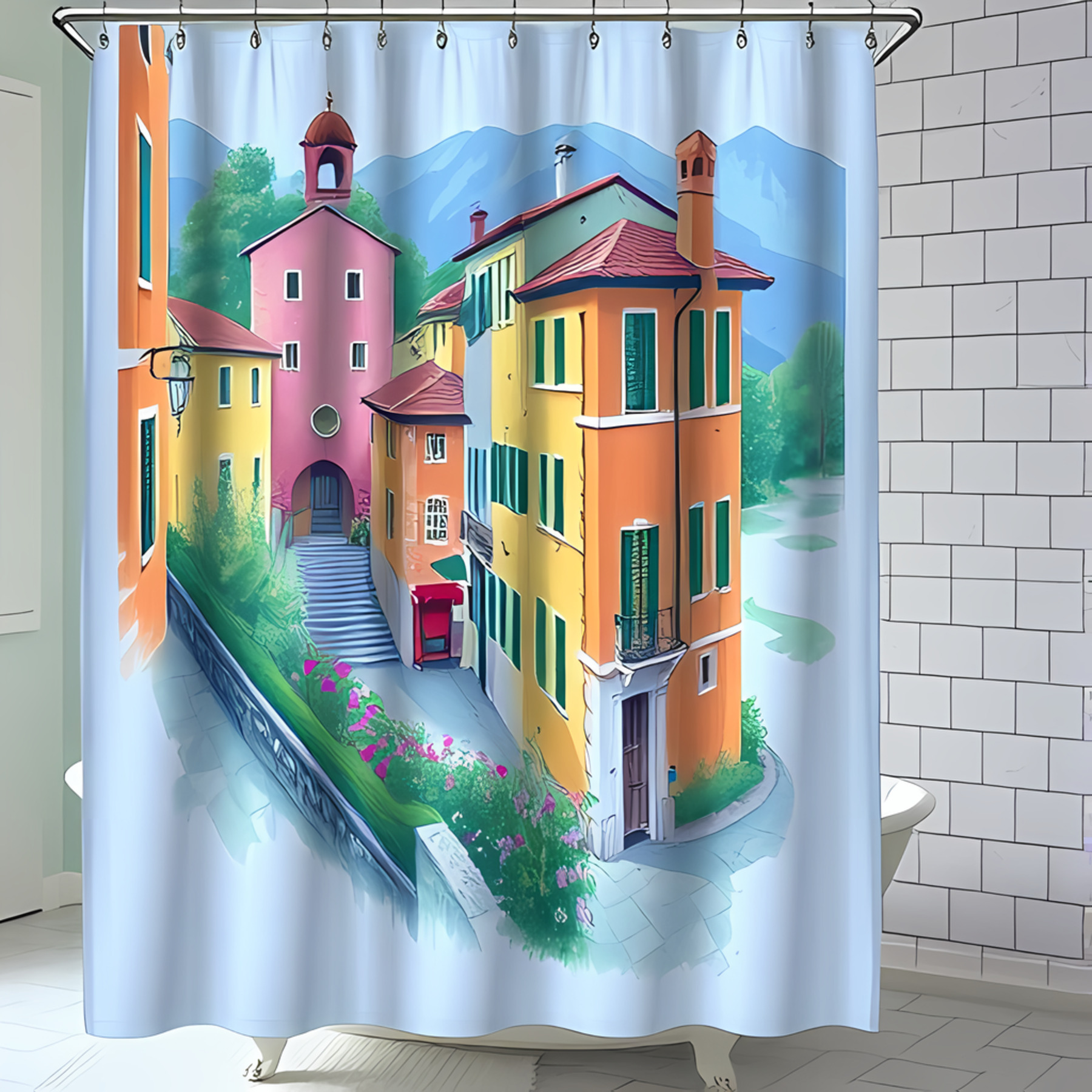 Charming Italian Shower Curtain - Pastel Colors Scenic Design for a ...
