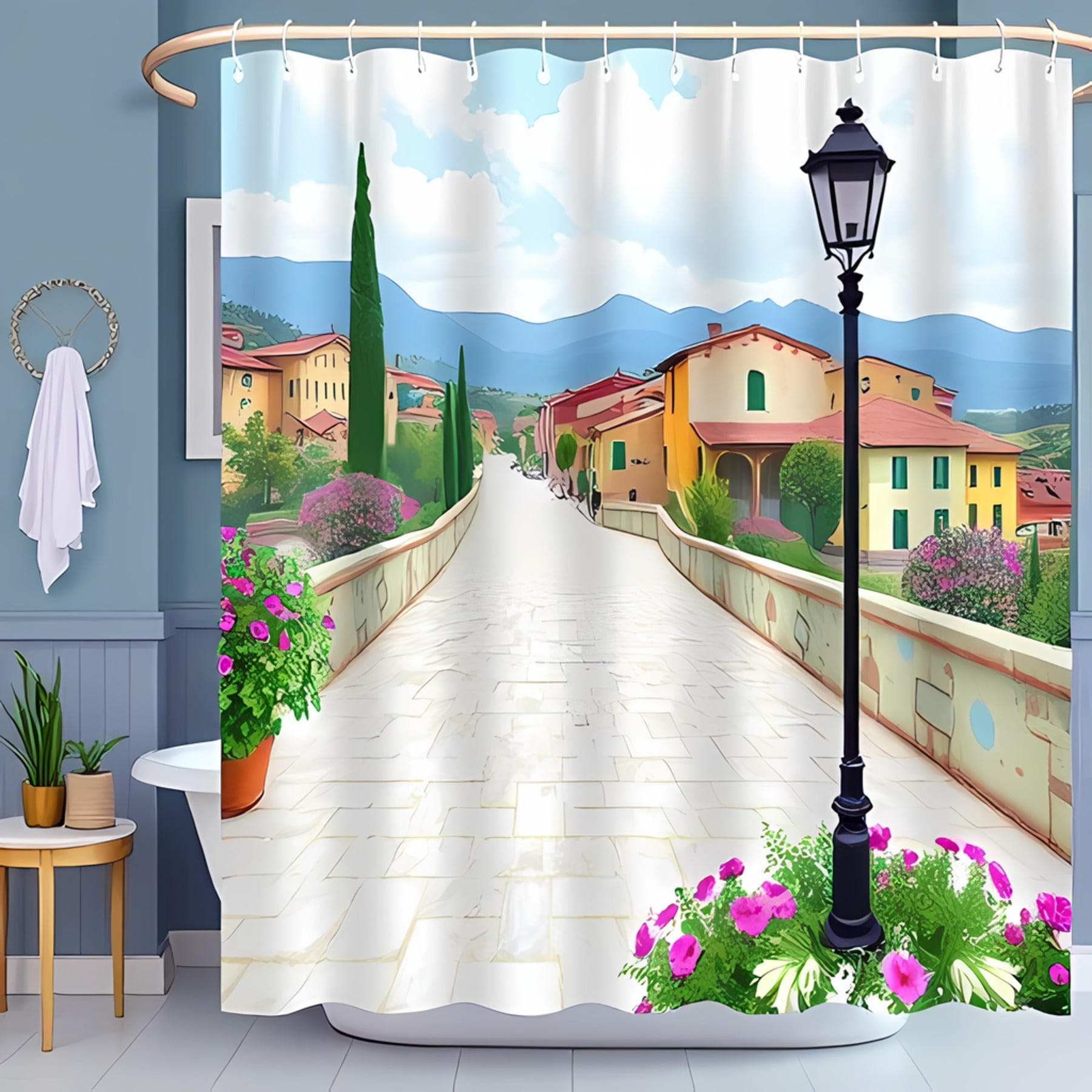Charming Italian Village Shower Curtain - Scenic Stone Pathway Vibrant ...