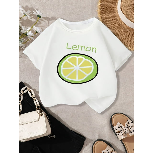 Charming Lemon Slice Graphic Tee for Girls - Comfy & Durable White Knit ...