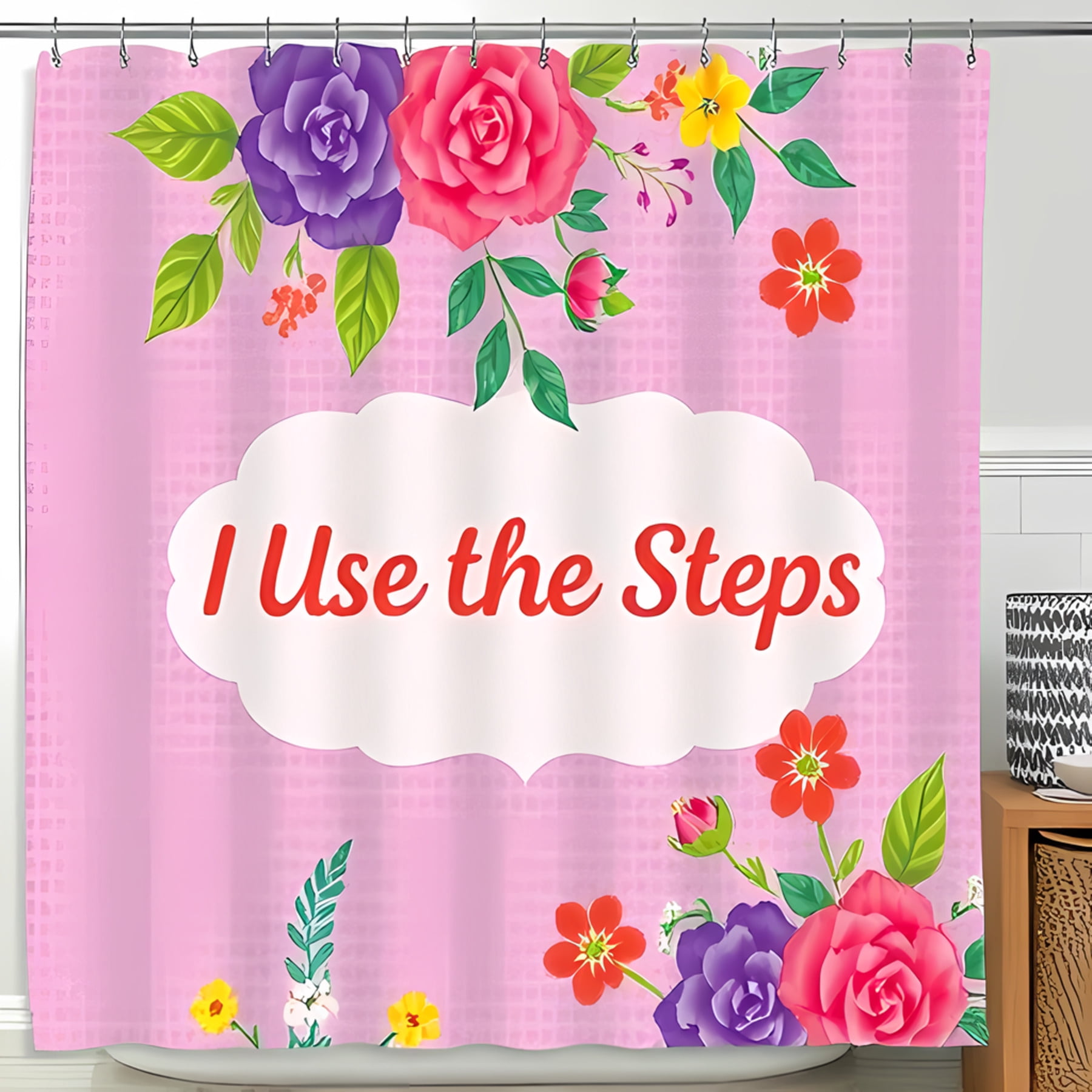 Charming Light Pink Floral Shower Curtain with Dotted Pattern & Playful ...