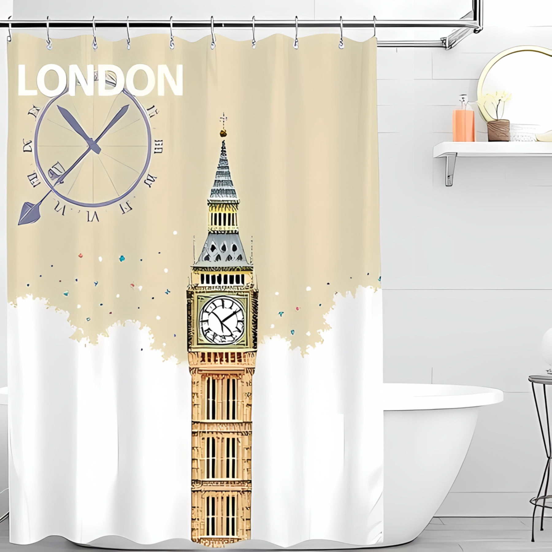Charming London Shower Curtain with Clock Face Pastel Beige Background ...