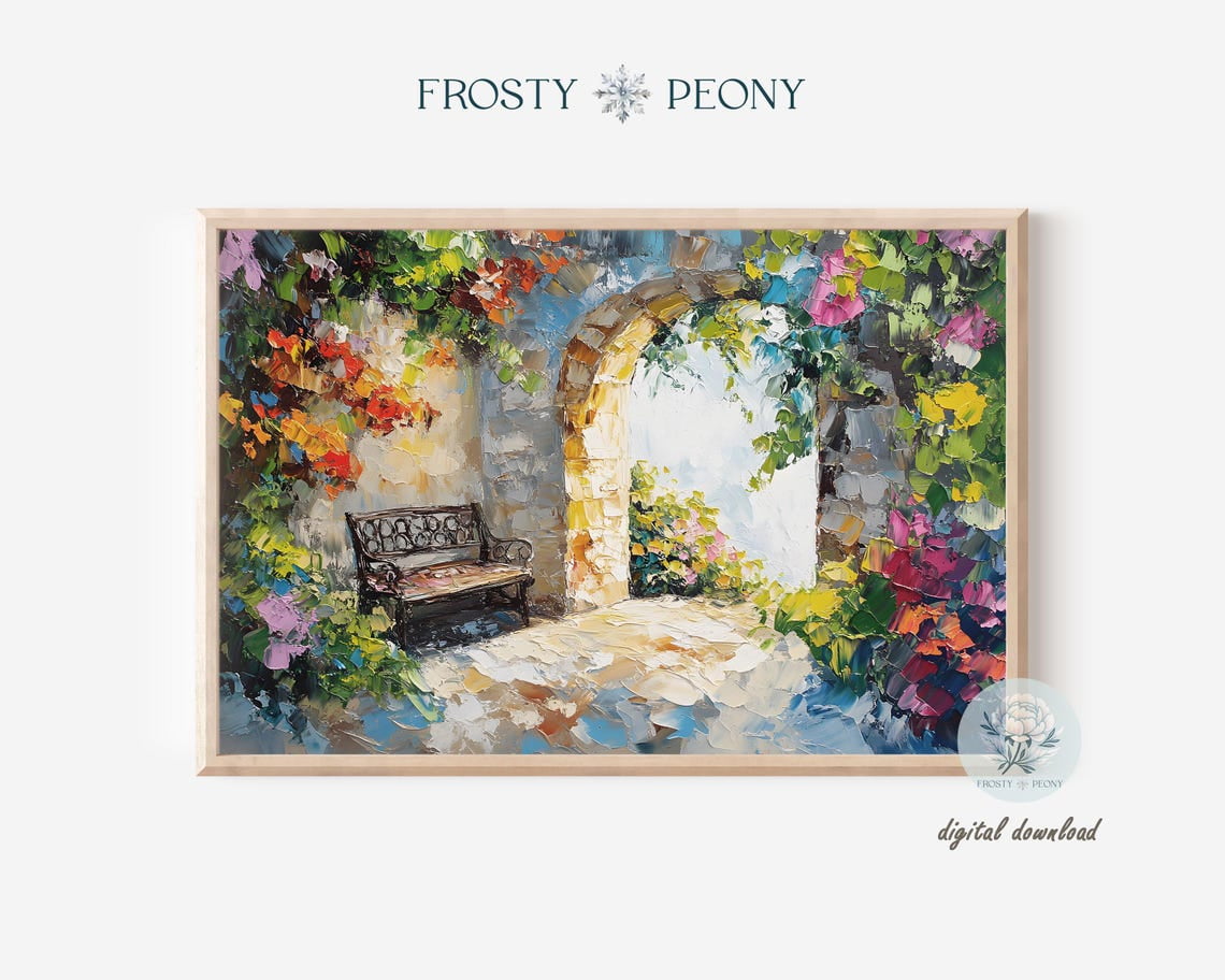 Charming Mediterranean Archway Art Print, Floral Courtyard Wall Art ...