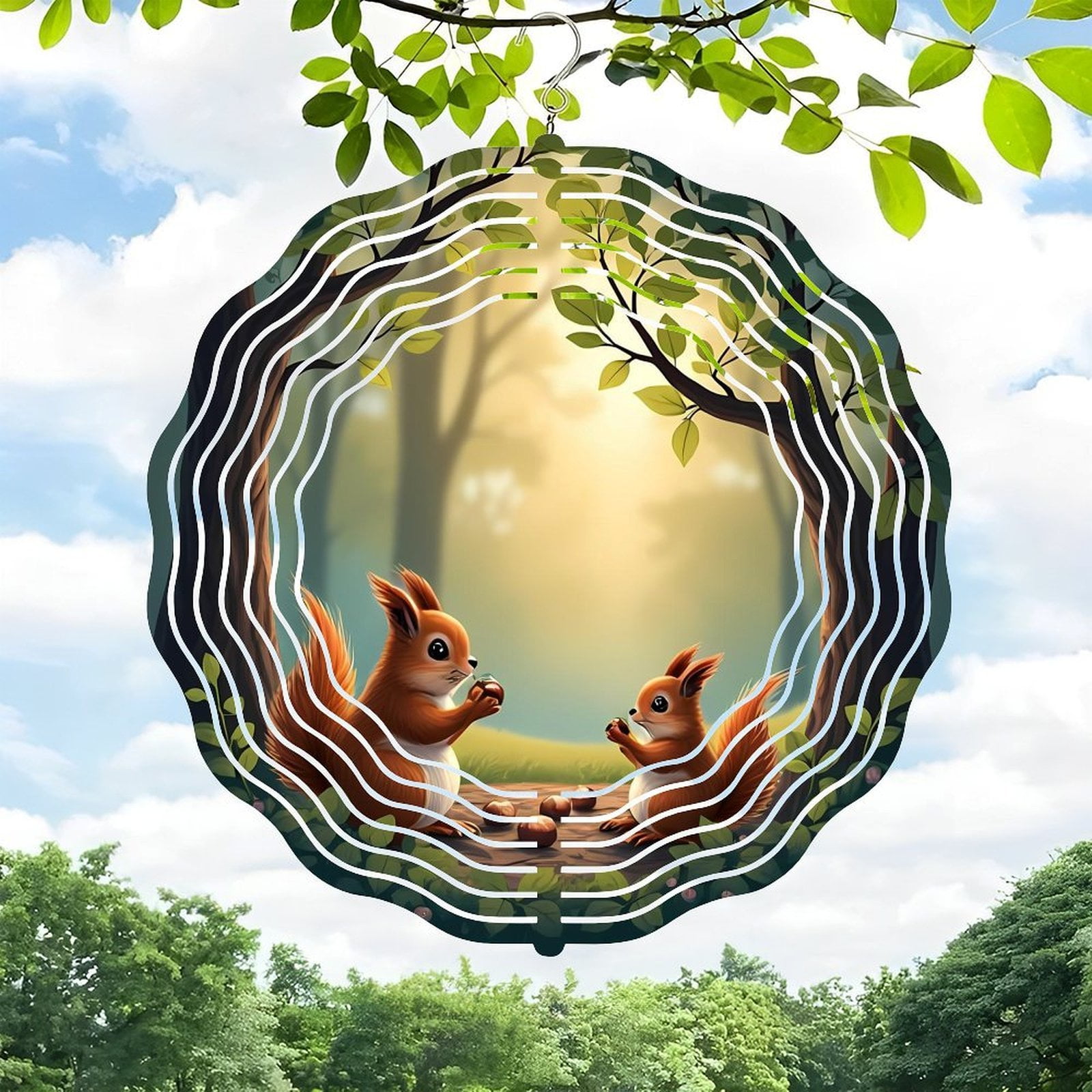 Charming Metal Hanging Wind Spinner with Red Squirrels in Forest Design ...