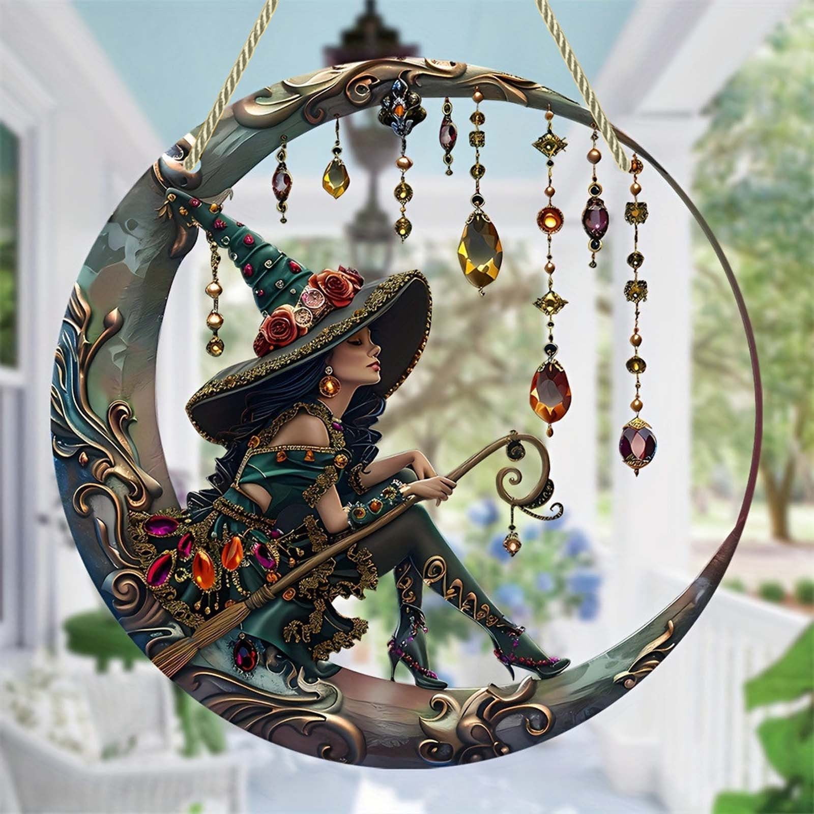 Charming Moonlight Witch Acrylic Stained Glass Window Hanging Sun ...