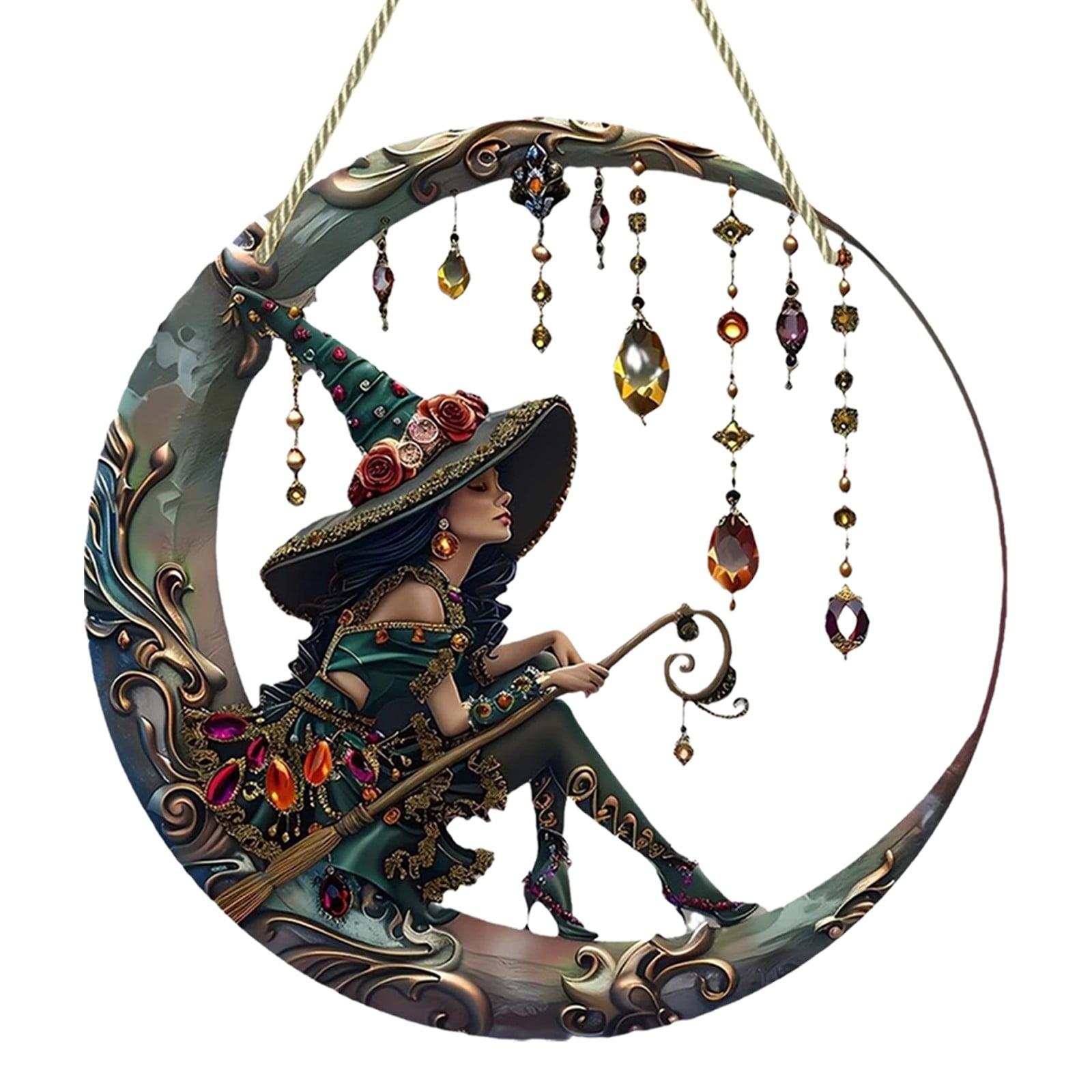 Charming Moonlight Witch Window Hanging, Halloween Decor, Stained Glass ...