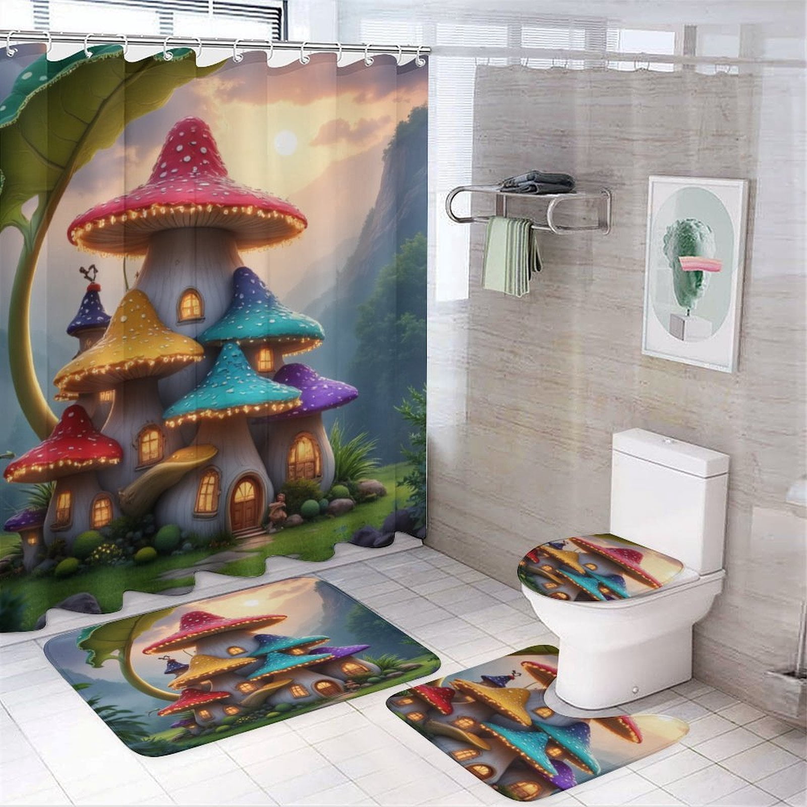 Charming Mushroom House Sunset Shower Curtain Sets Non-Slip Rugs Bath ...