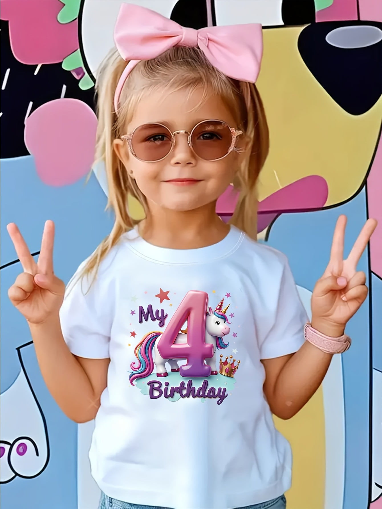 Charming 'My 4th Birthday' Girls' White T-Shirt - Cute Unicorn & Stars ...