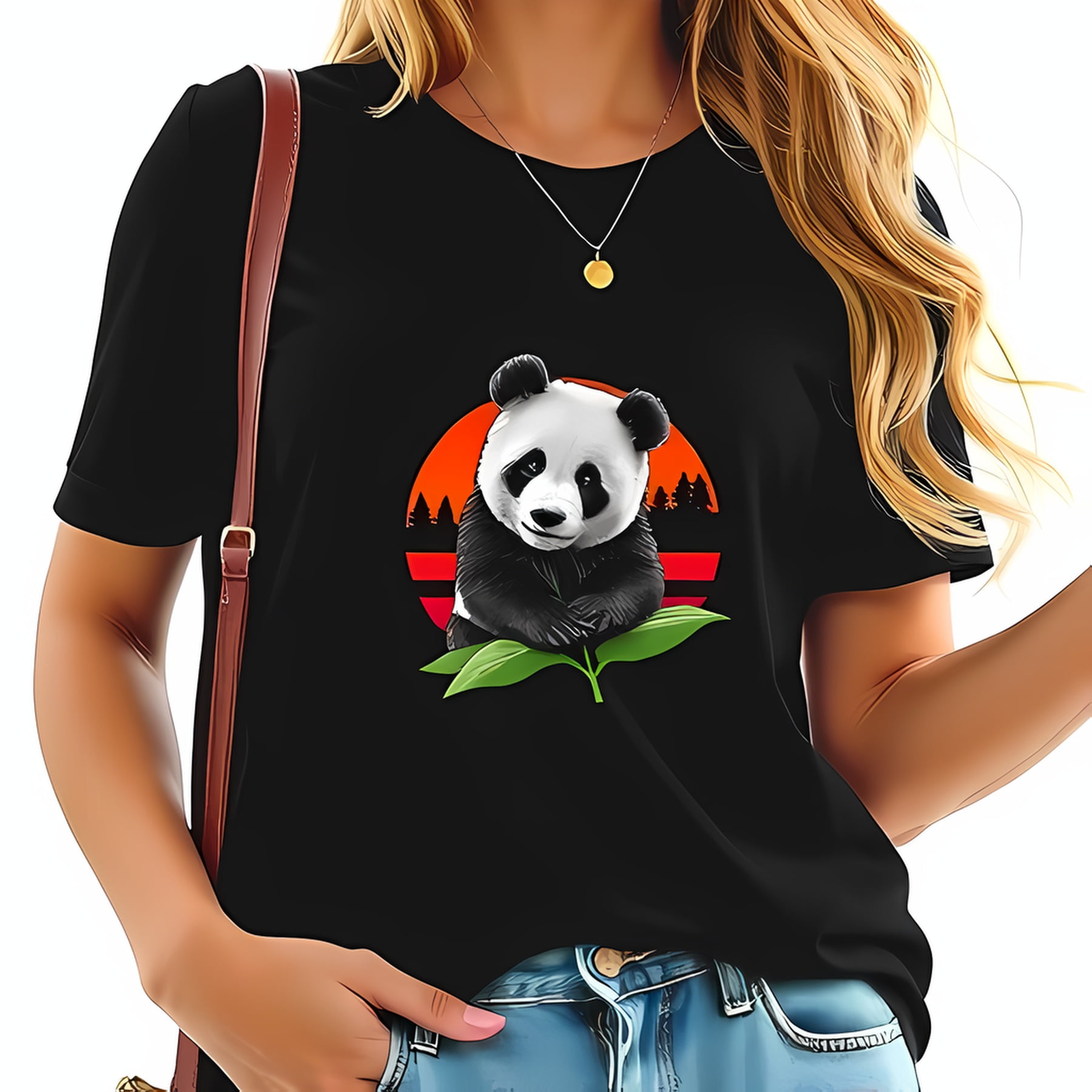 Charming Panda Bear T-Shirt with Sunset Illustration - Cute Black Crew ...