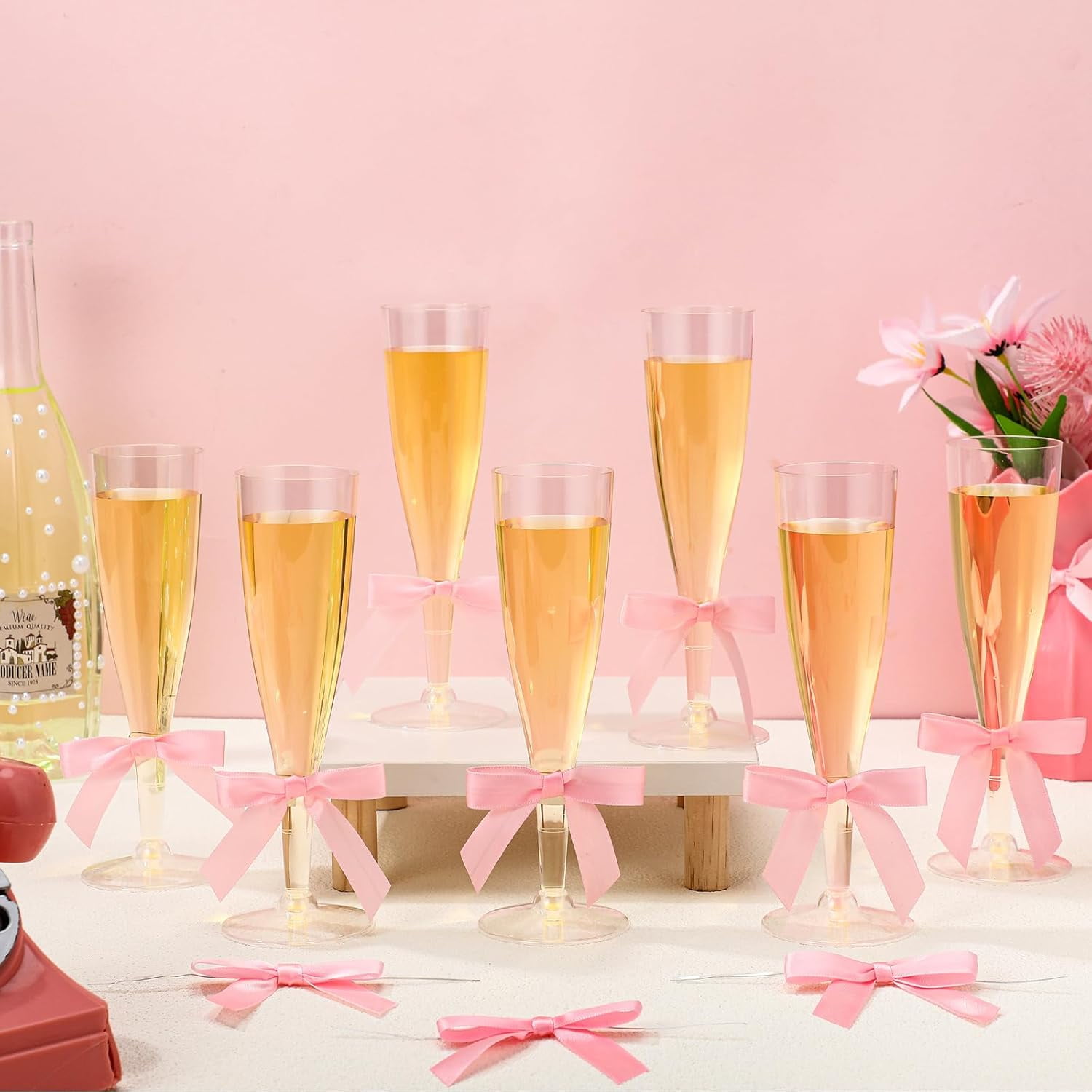 Charming Party Set: 60 Plastic Champagne Flutes with Pink Ribbon Bows ...