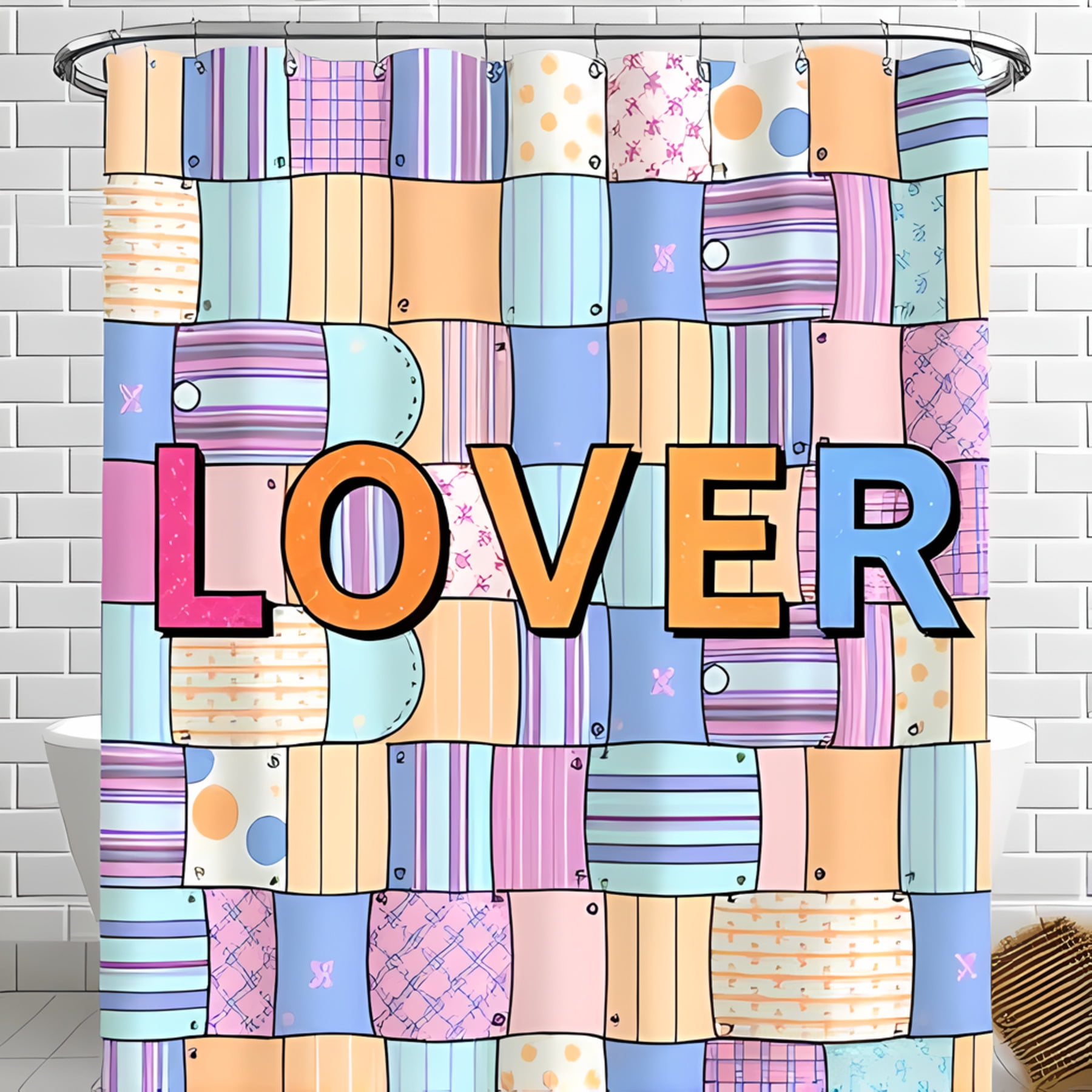 Charming Pastel Patchwork Shower Curtain with Whimsical 'LOVER' Design - Unique Textures & Quilt ...