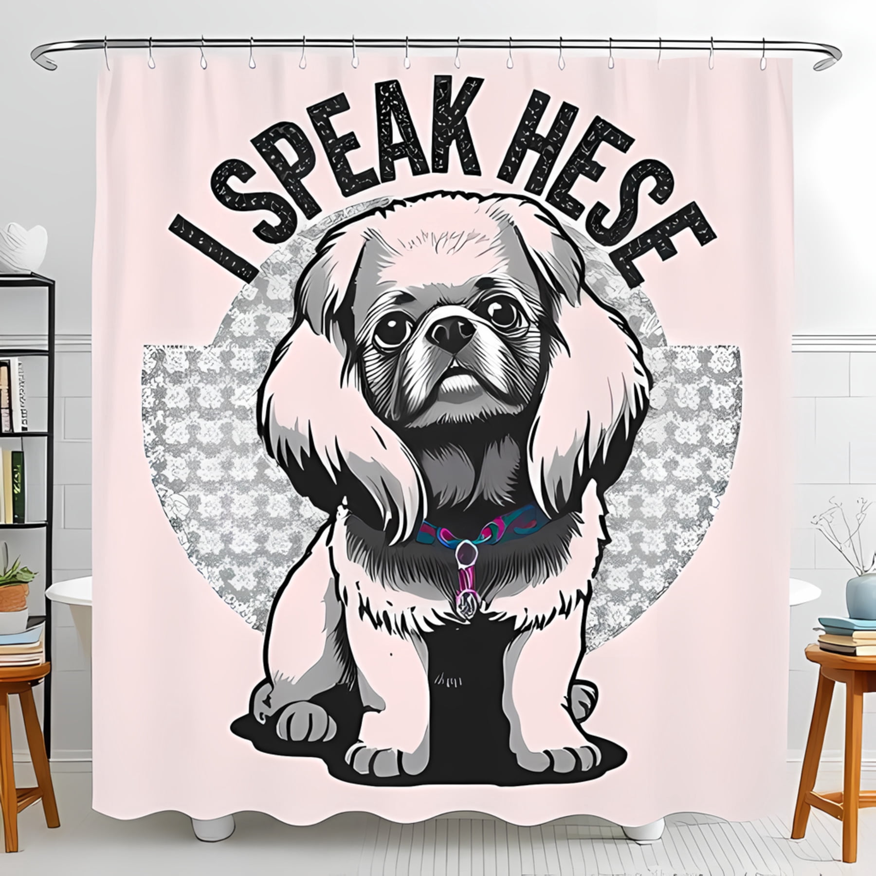 Charming Pekingese Dog Shower Curtain with Glittery Circular Design ...