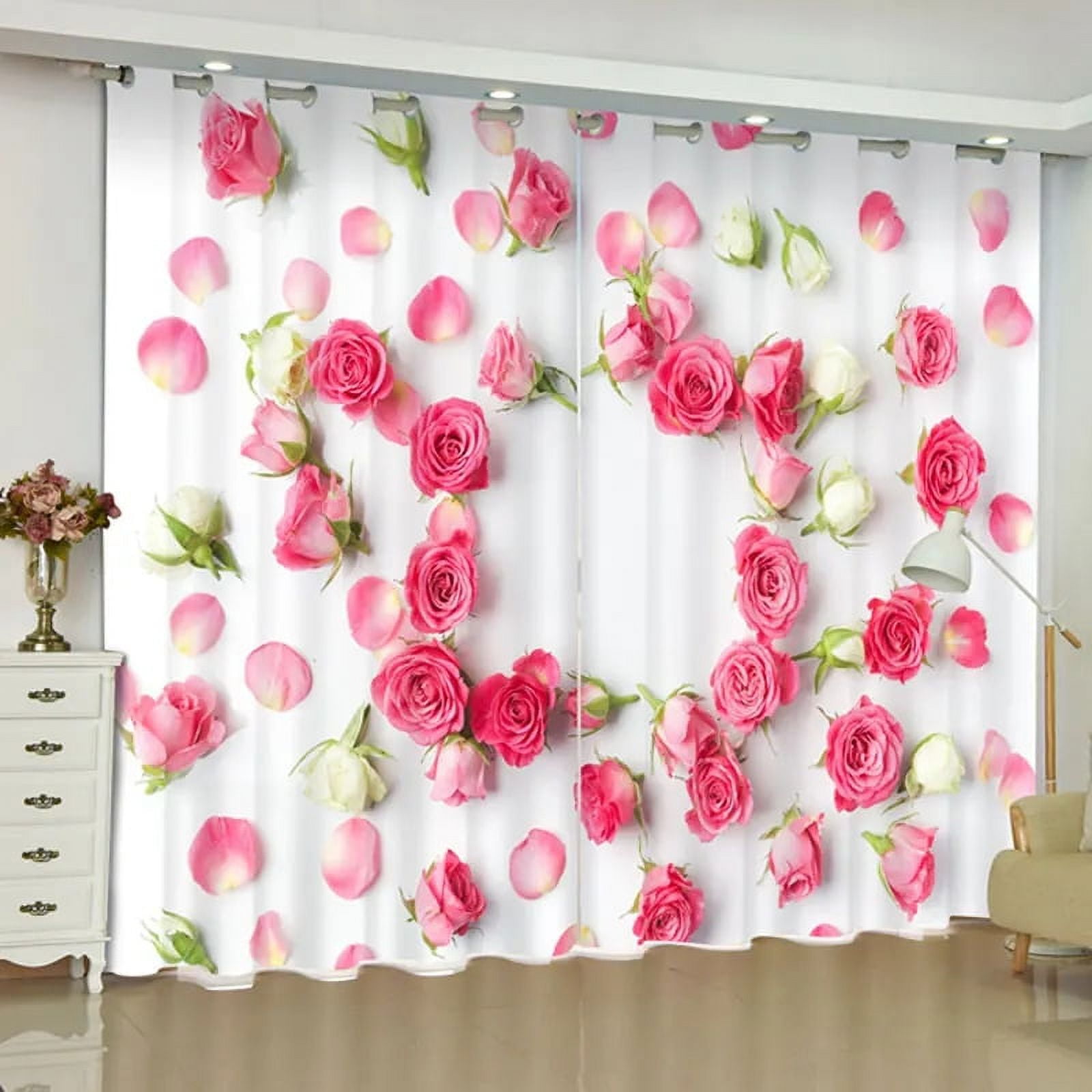 Charming Pink Rose Curtains for Bedroom Window Semi Blackout Curtain ...