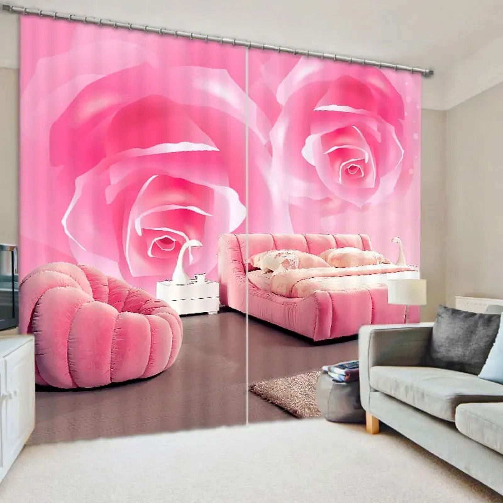 Charming Pink Rose Curtains for Bedroom Window Semi Blackout Curtain ...