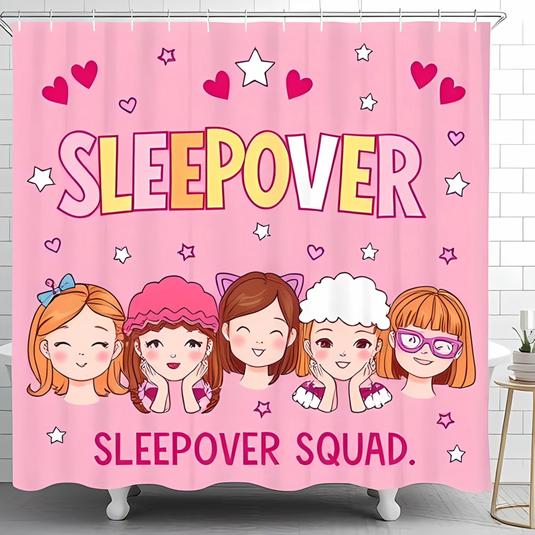 Charming Pink Shower Curtain with 'Sleepover' Text Cartoon Girls Hearts ...