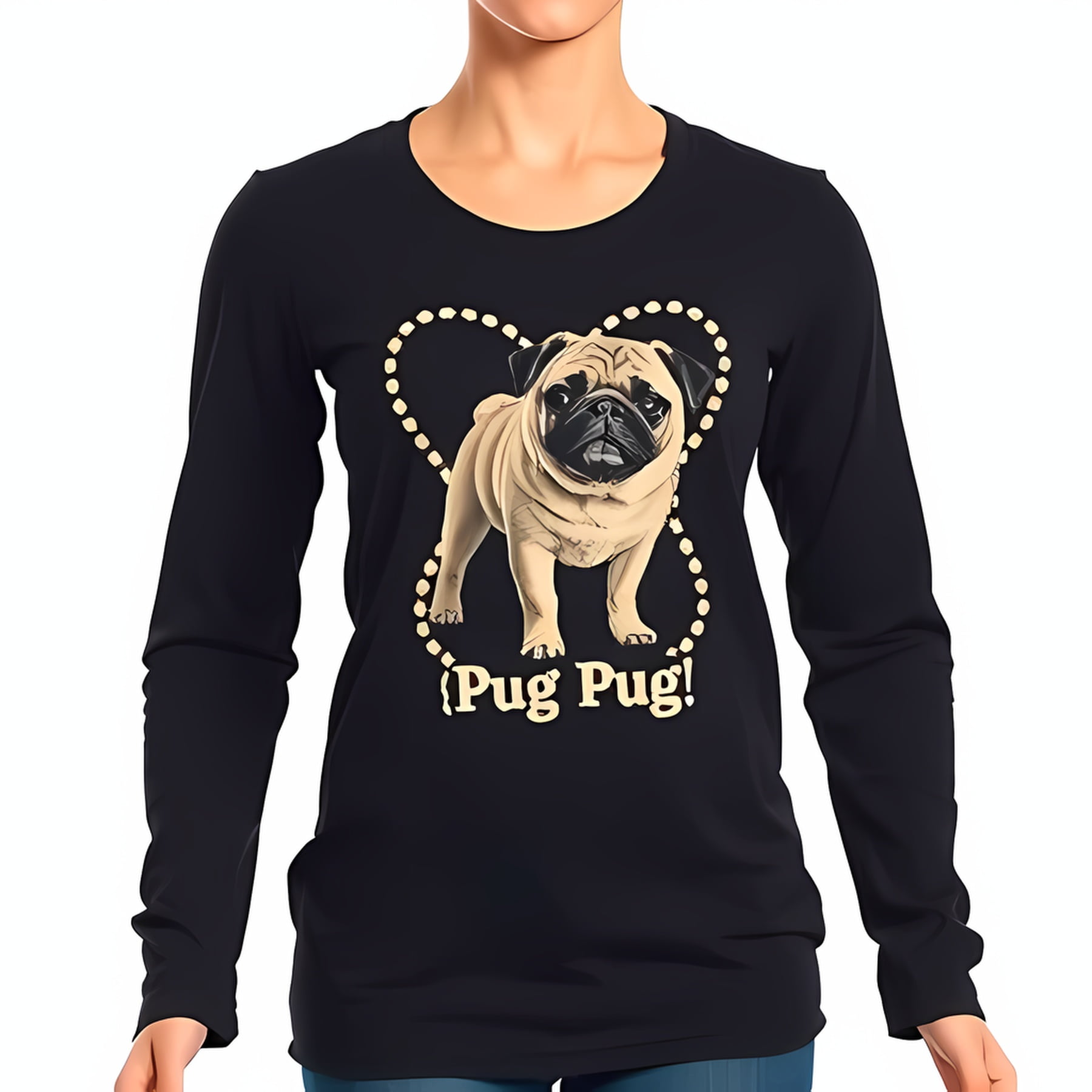 Charming Pug Illustration Long Sleeve T-Shirt for Women - Casual Round Neck Tee with Heart Bead ...