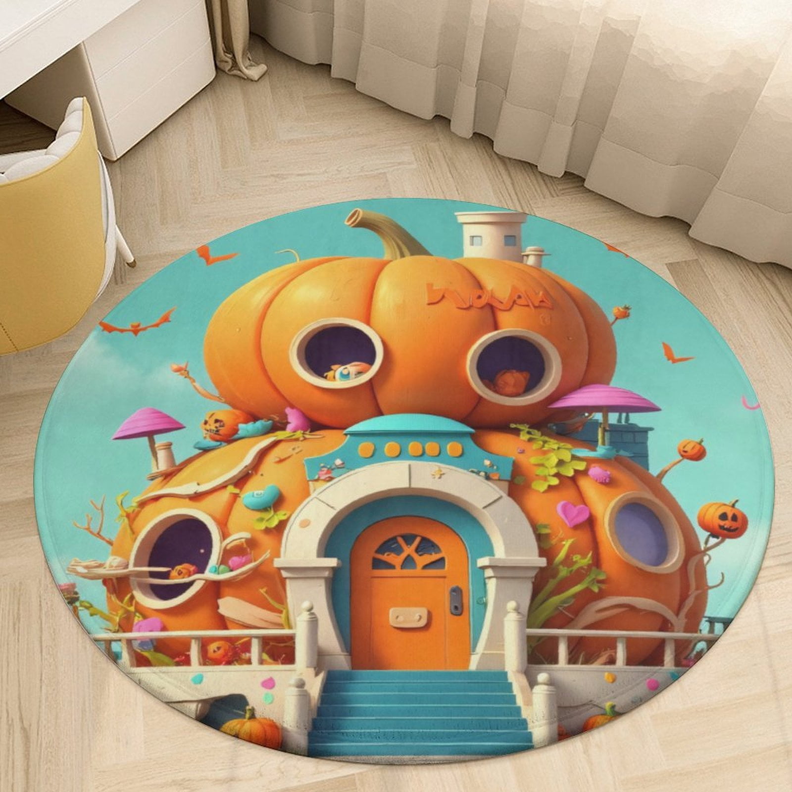 Charming Pumpkin House Illustration Round Area Rugs for Bedroom Living Room, 5FT Soft Indoor ...